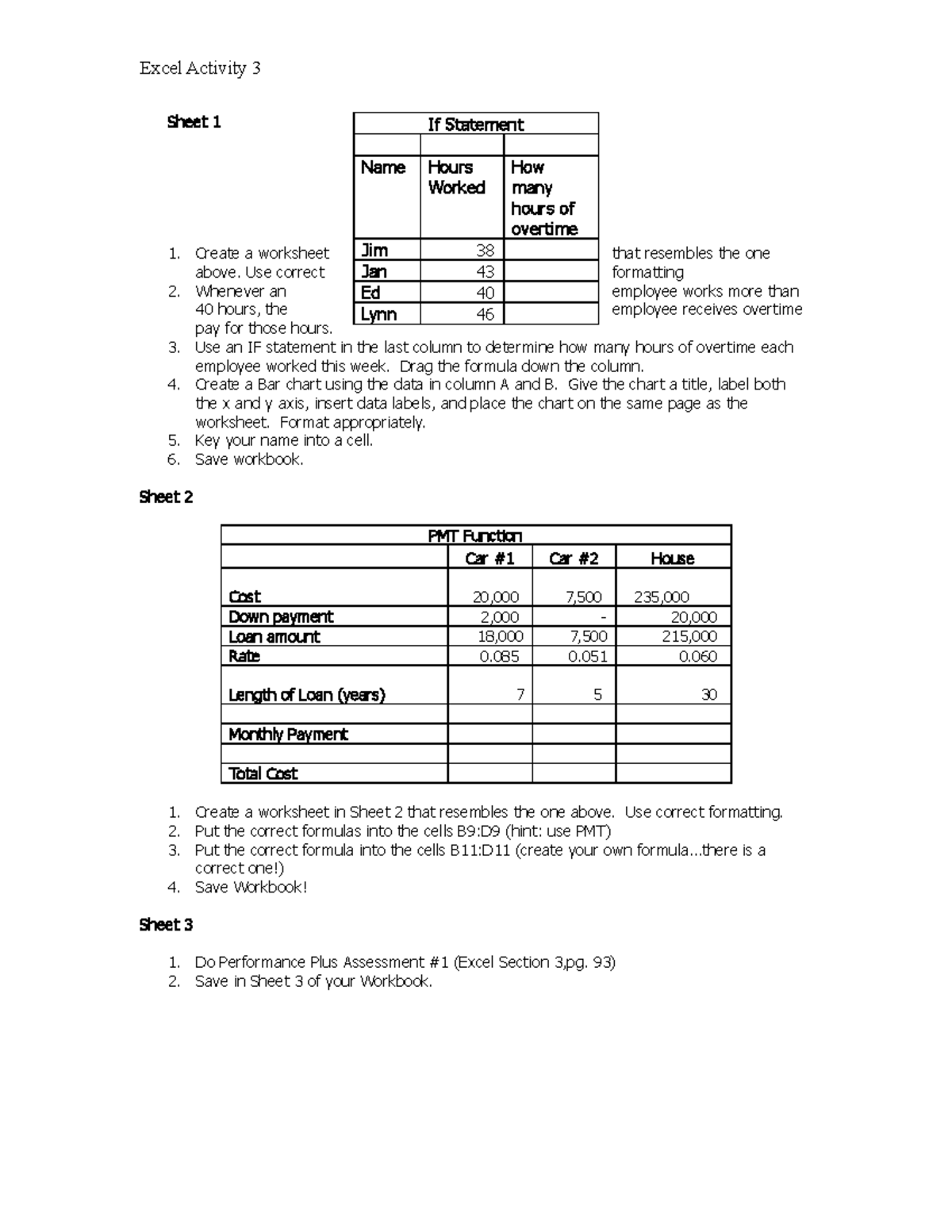 Excel Activity 3 Directions - Excel Activity 3 Sheet 1 Create a ...