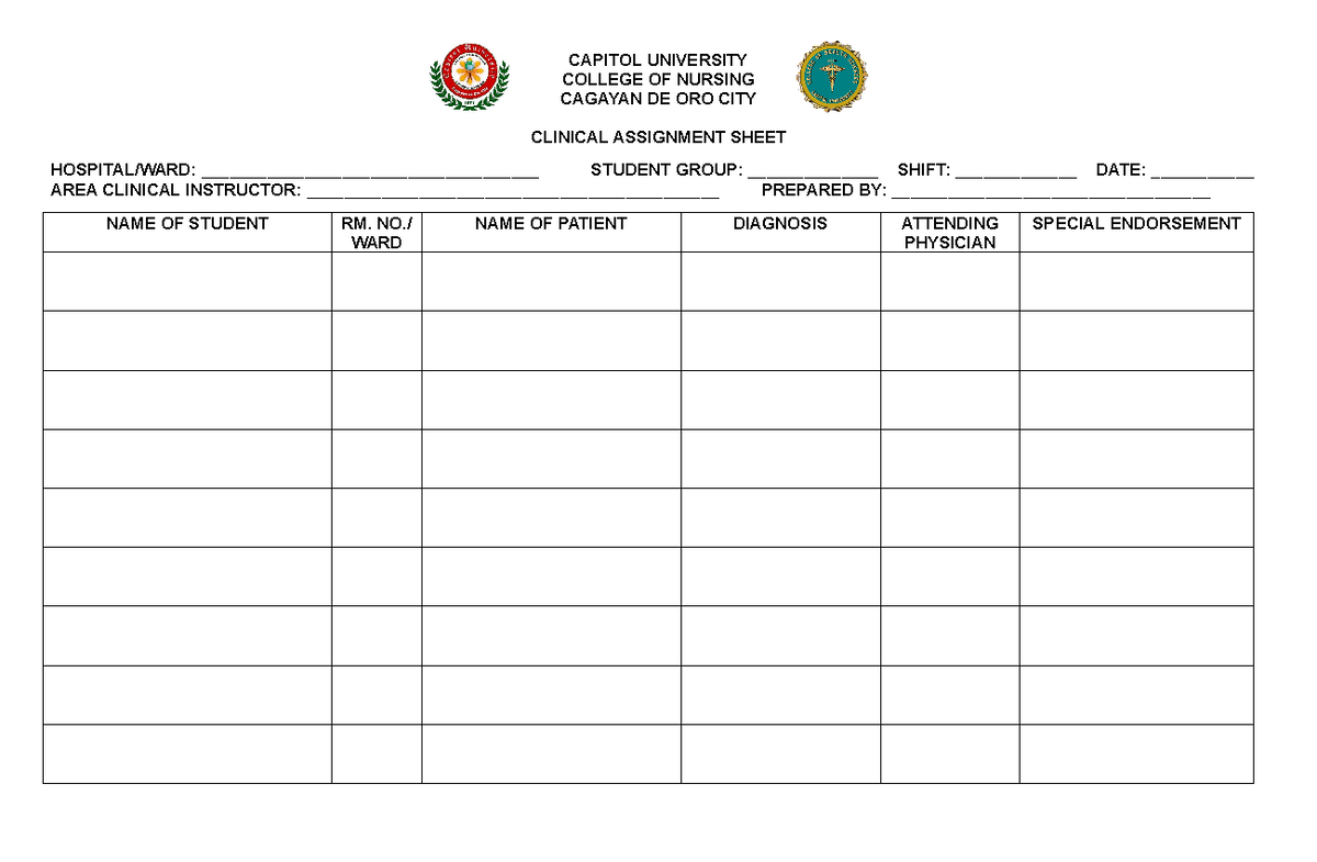 Clinical-Assignment-Sheet - clinical nursing enhancement 1 - CAPITOL ...