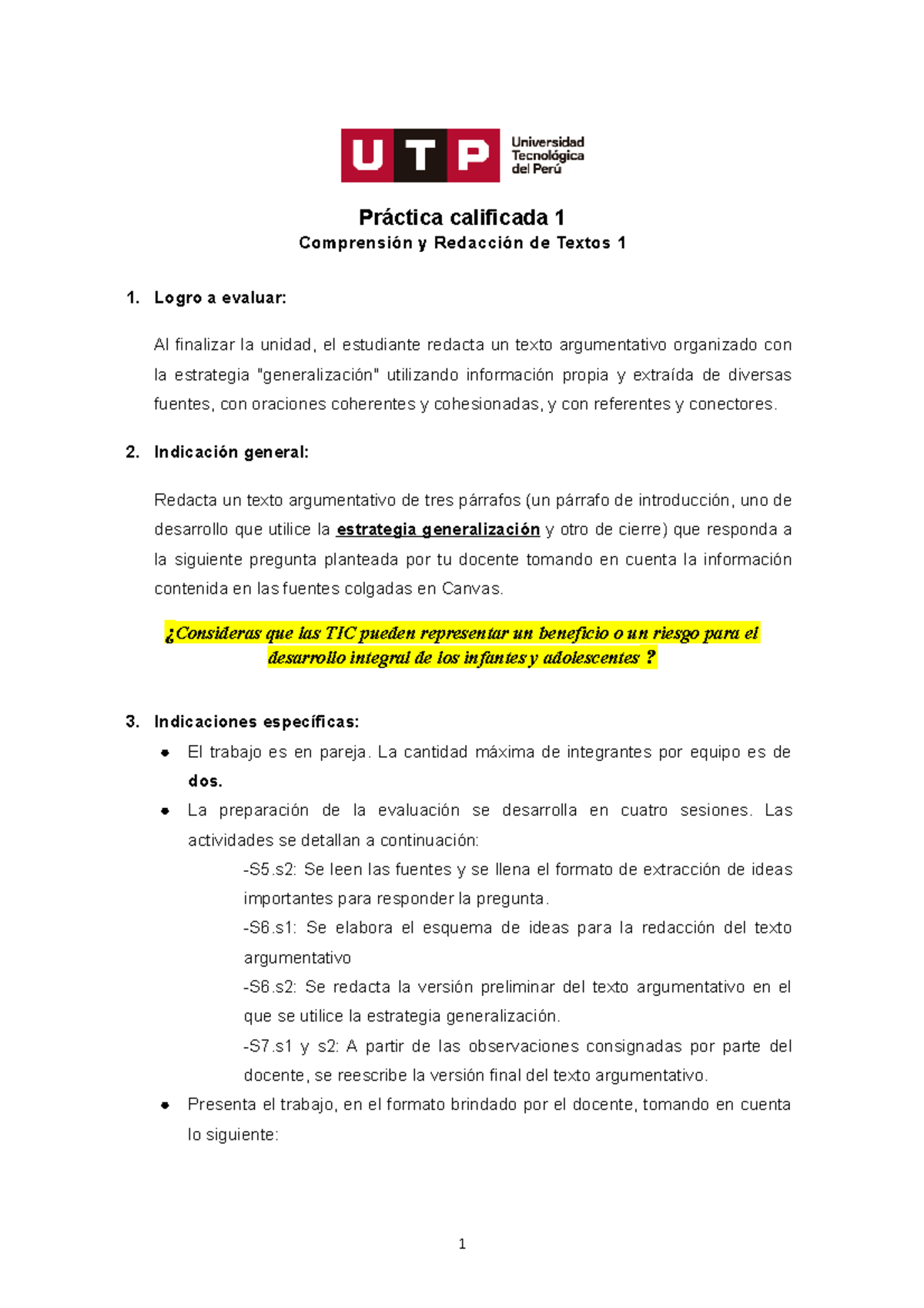 GC N01I PC1Consigna 22C1M (3) - Práctica calificada 1 Comprensión y Redacción de Textos 1 1 ...