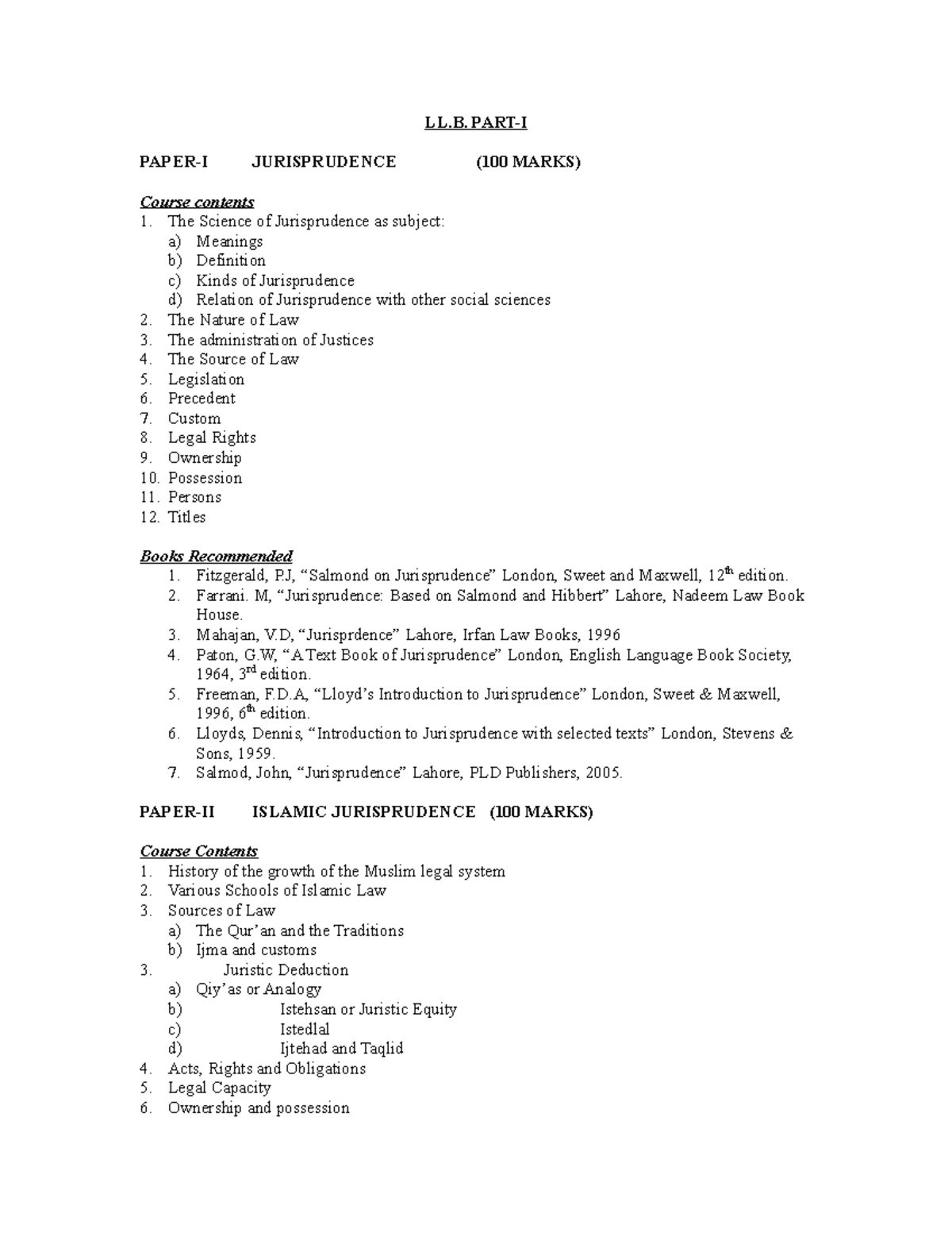 LLB NEW Course Contents - LL. PART-I PAPER-I JURISPRUDENCE (100 MARKS ...