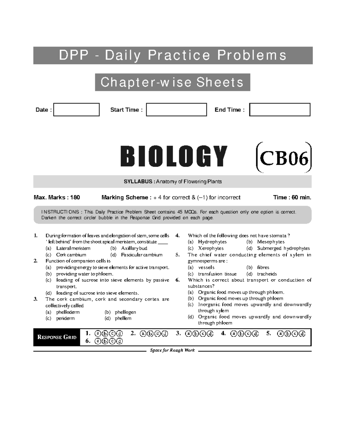 DPP of Anatomy Of Flowering Plants for NEET - Max. Marks : 180 Marking ...