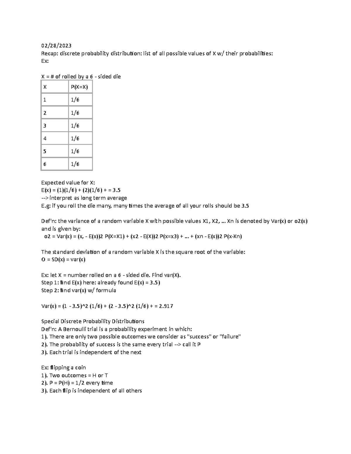 Special discrete probability distribution 02:28:2023 - 02/28/ Recap ...