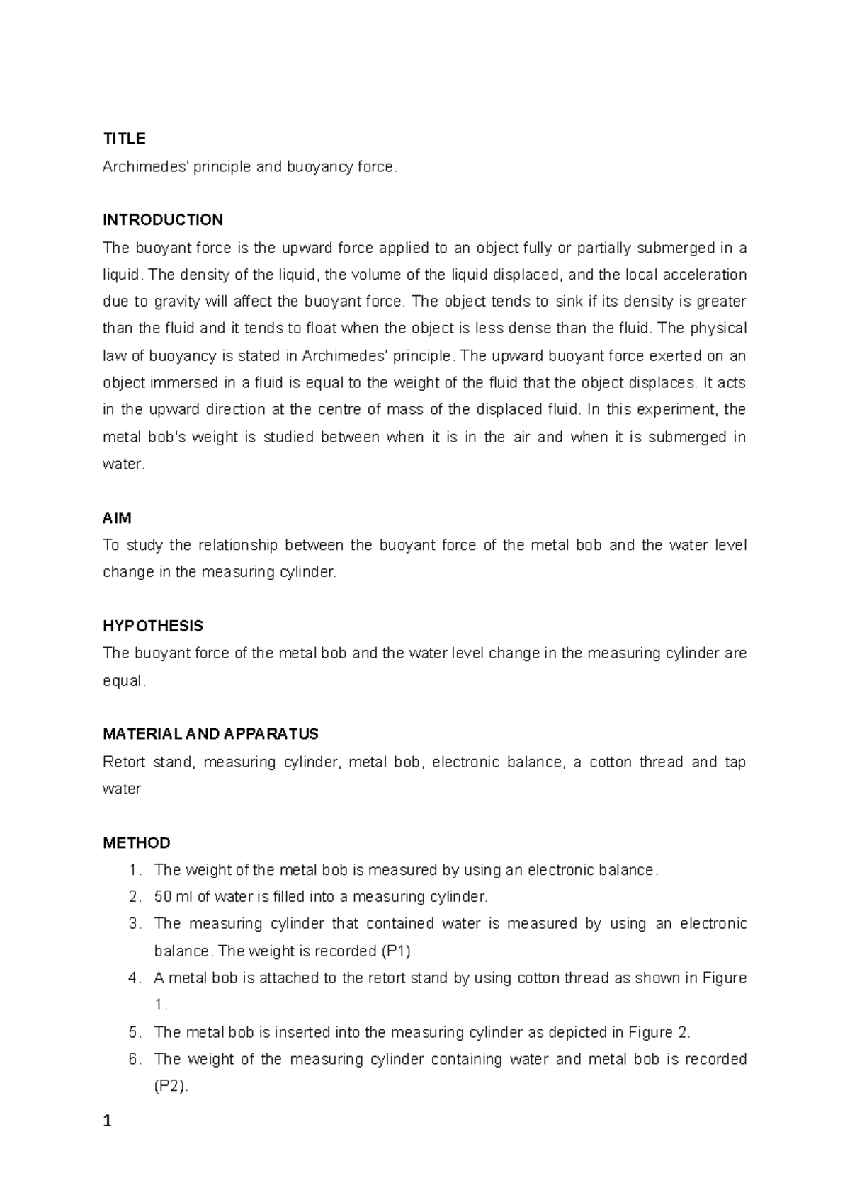 LAB Report ARCHIMEDES - TITLE Archimedes’ principle and buoyancy force ...