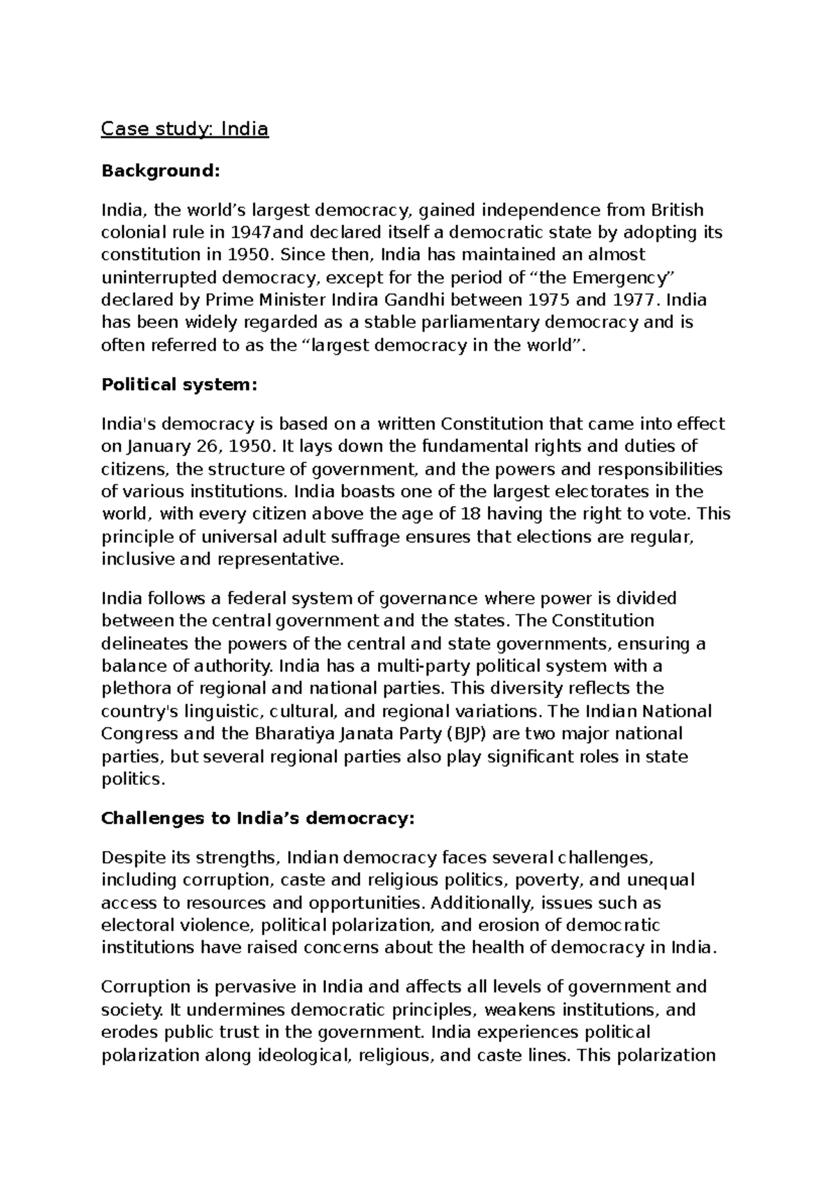 Case Study - India 2024 semester 1 test 2 - Case study: India ...