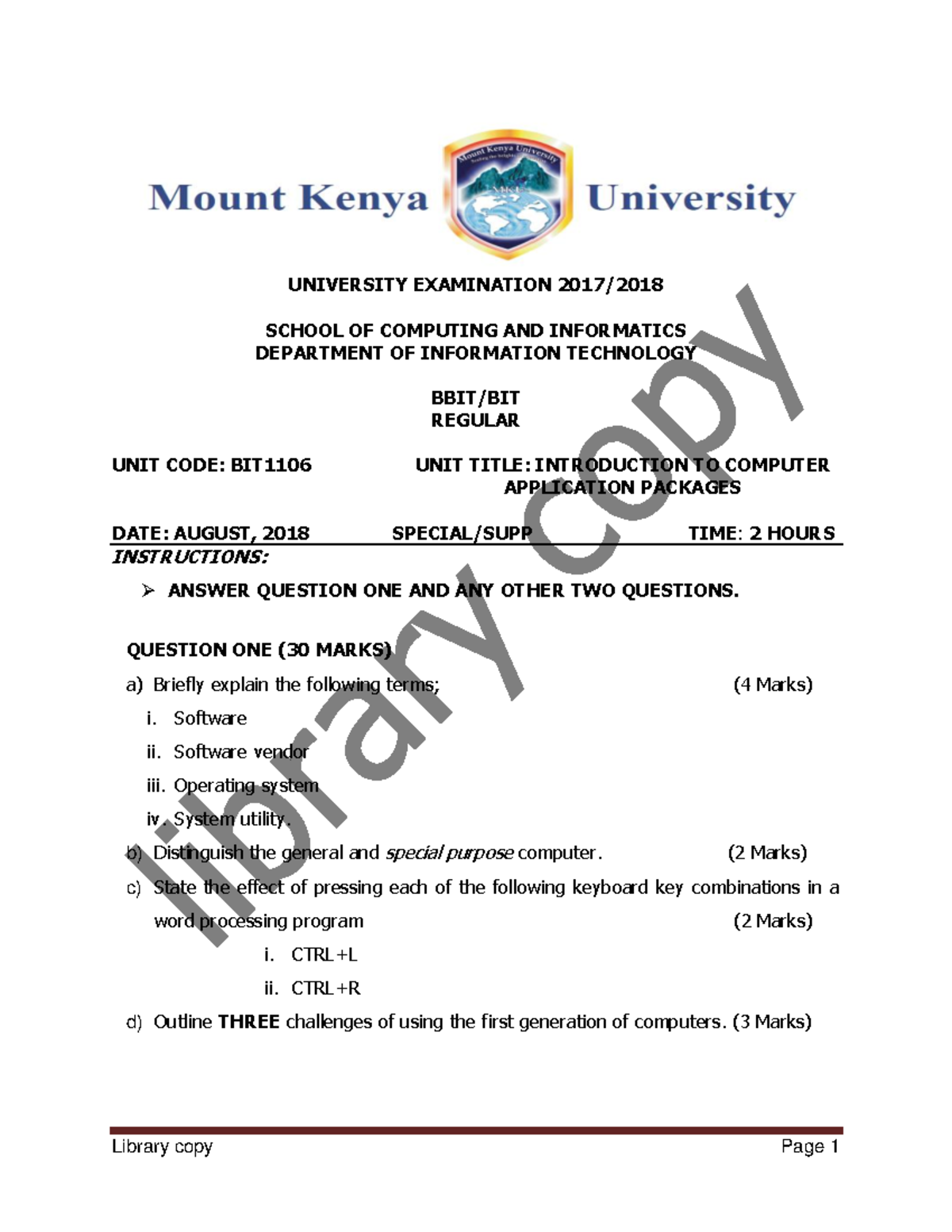 Bit1106 Introduction To Computer Application Packages Reg Supp Library Copy Page 1 University