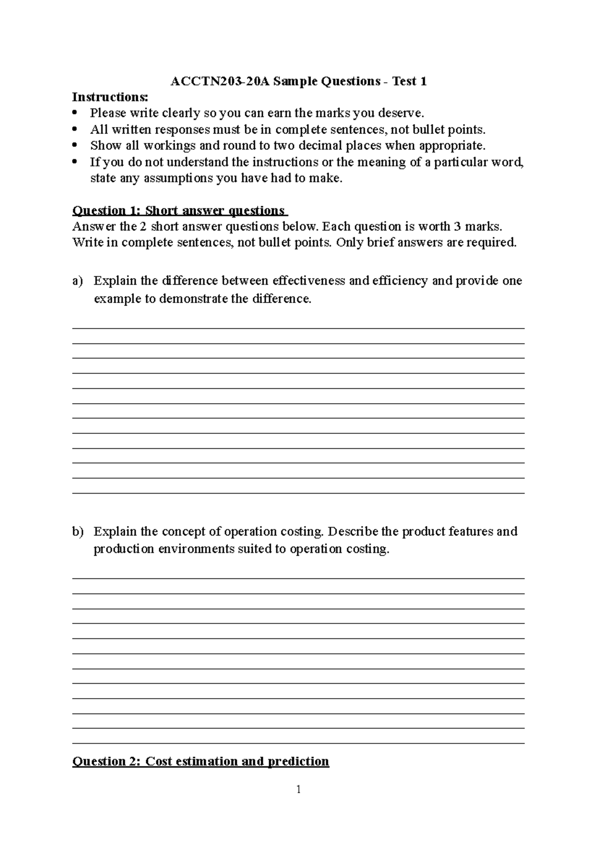 Test 1 Sample Questions - ACCTN203-20A Sample Questions - Test 1 ...