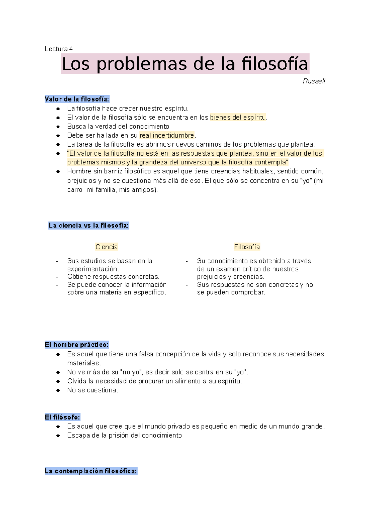Russell - Lectura 4 Los problemas de la filosofía Russell Valor de la ...