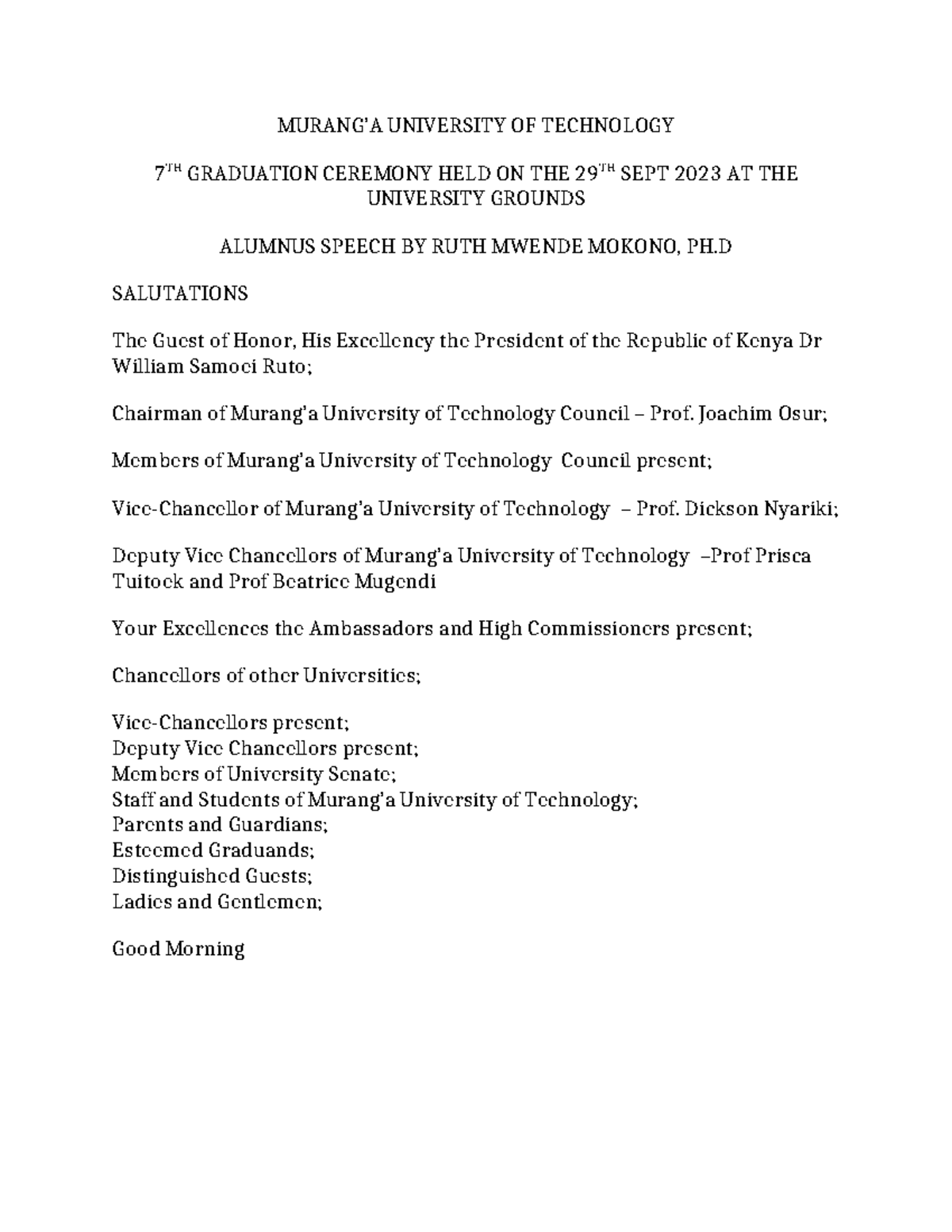 Alumnus Speech - MURANG’A UNIVERSITY OF TECHNOLOGY 7 TH GRADUATION ...