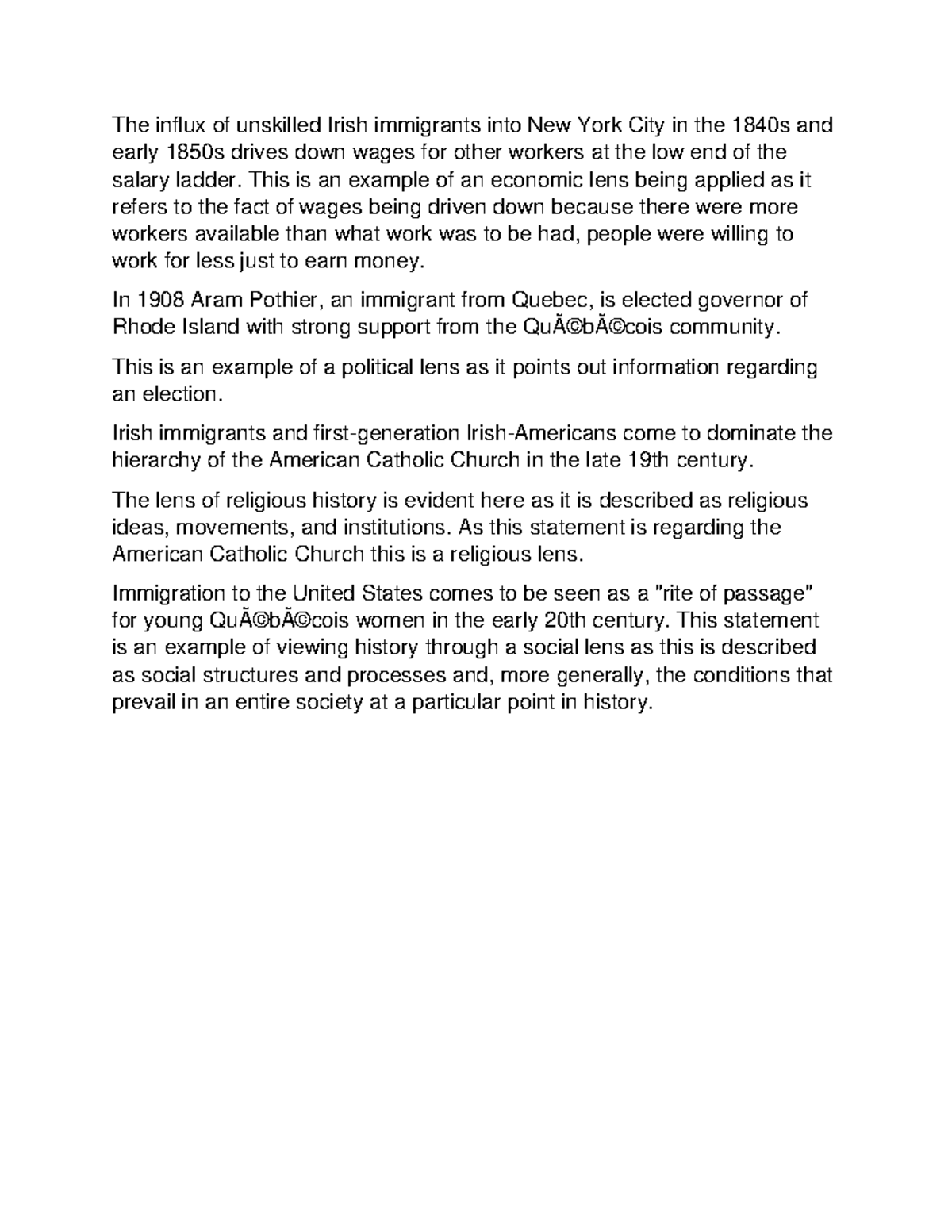 His Module 1 Short Responses - The influx of unskilled Irish immigrants ...