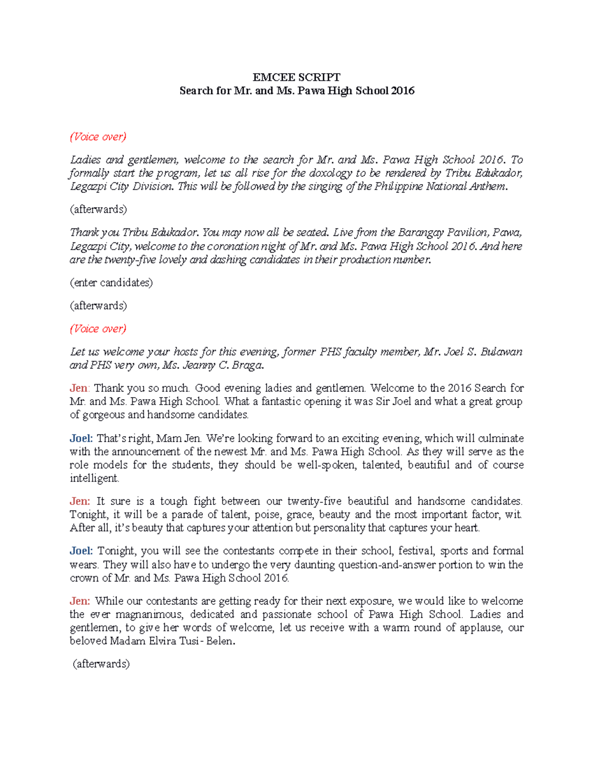 Emcee script for pageant - EMCEE SCRIPT Search for Mr. and Ms. Pawa ...