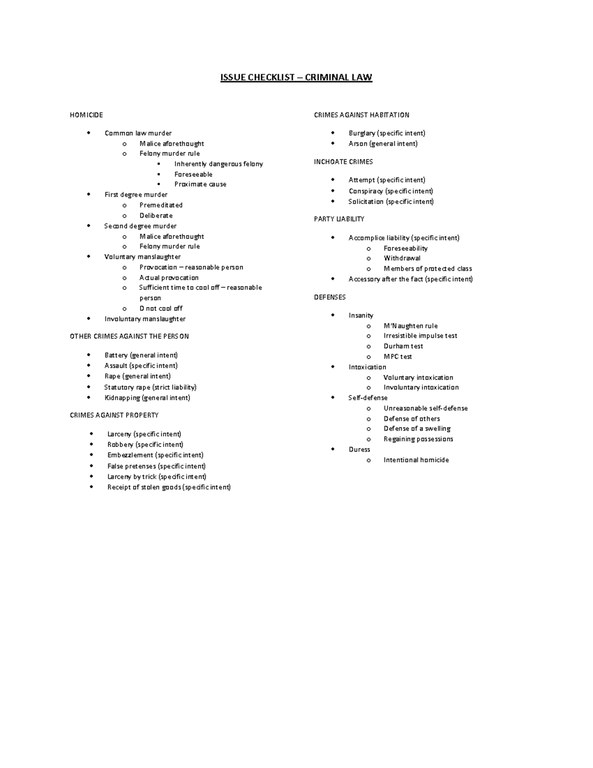 Issue checklist criminal law - ISSUE CHECKLIST – CRIMINAL LAW HOMICIDE ...