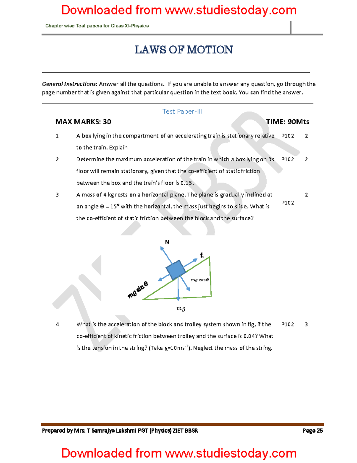 CBSE Class 11 Physics Laws Of Motion Worksheet Set C - Chapter wise ...