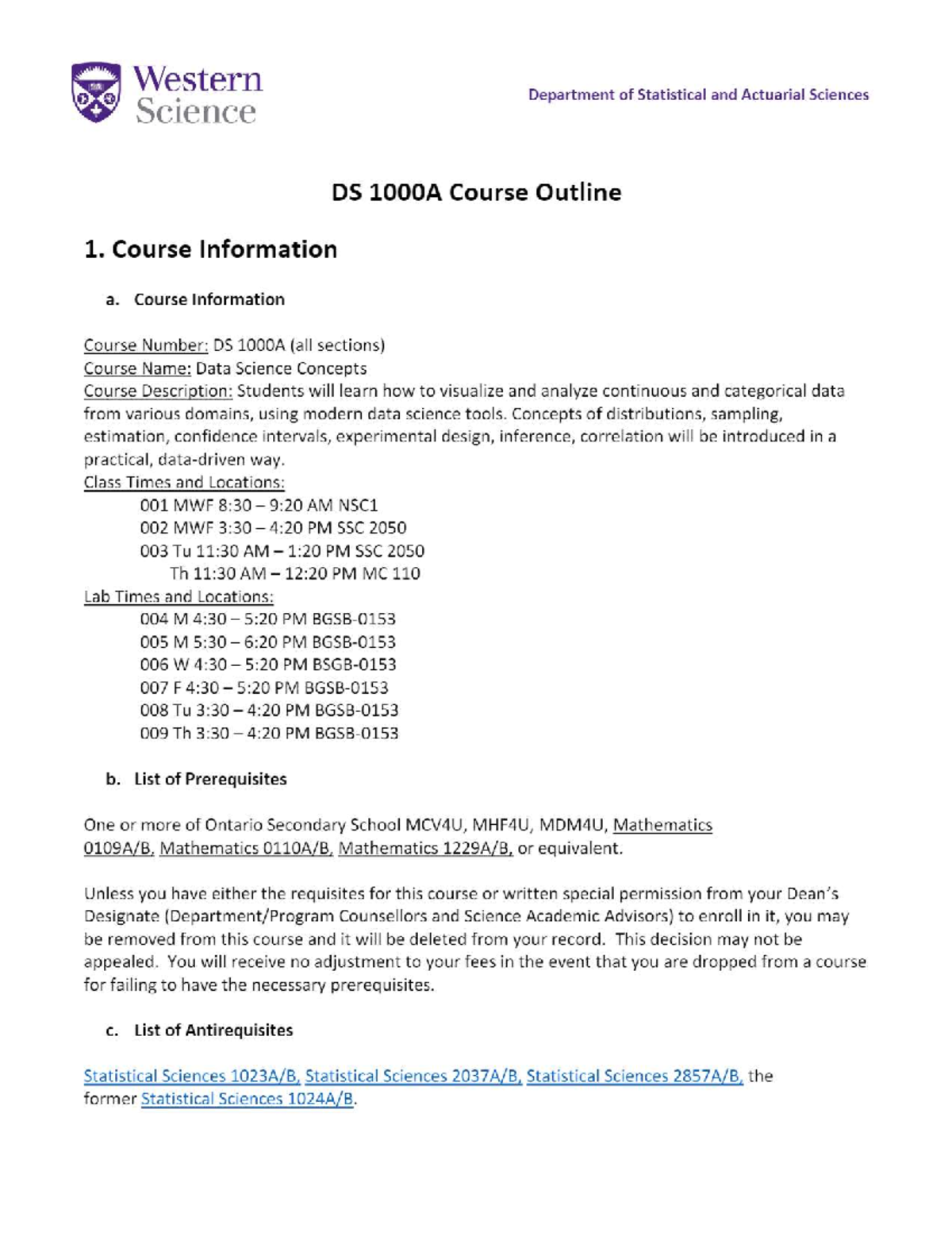 DS 1000 A Course Outline - Western Department of Statistical and Actuarial Sciences Science DS ...