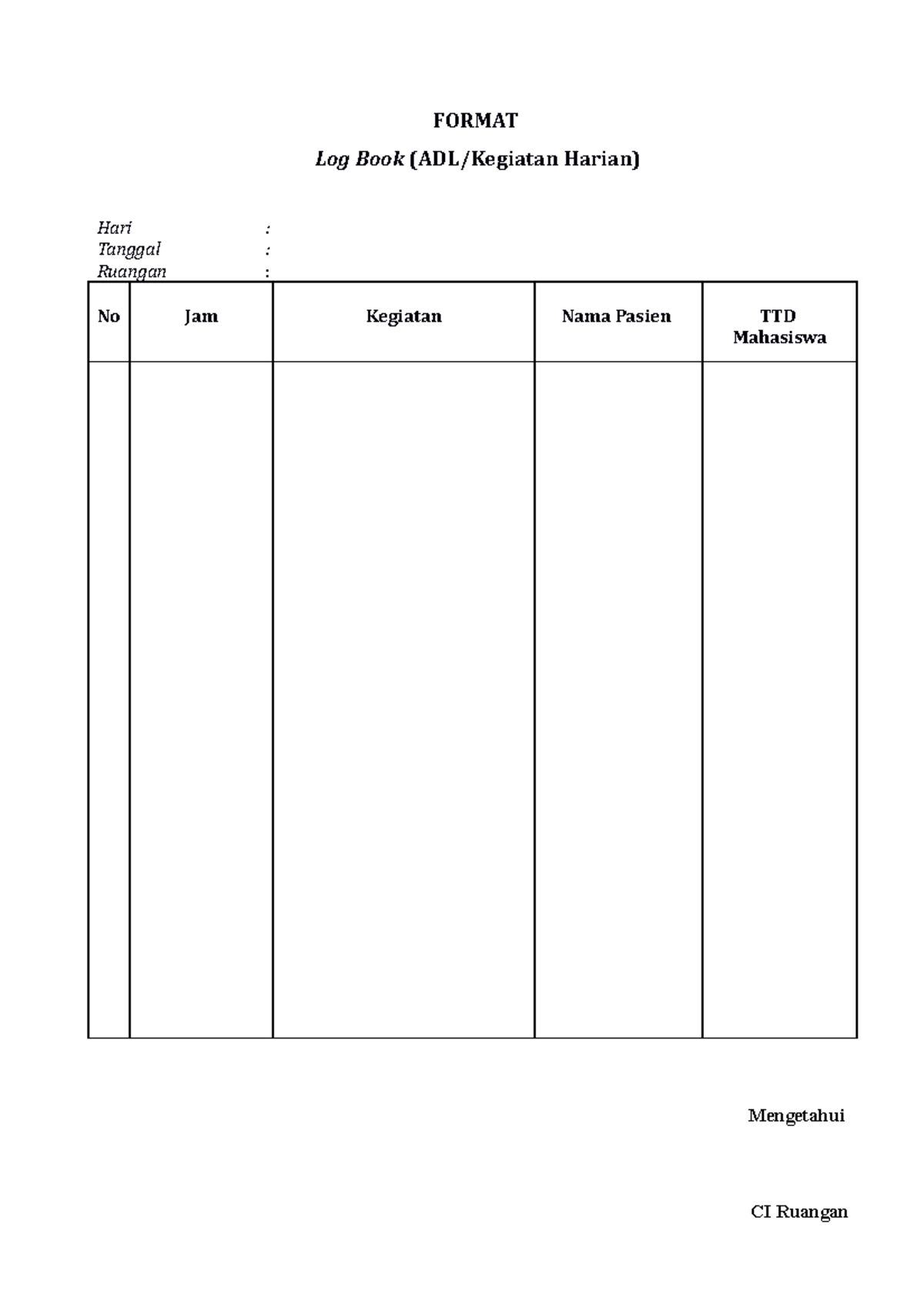 Format Penugasan KDP (ADL,LP,LK, Target Kompetensi, Absensi DAN ...