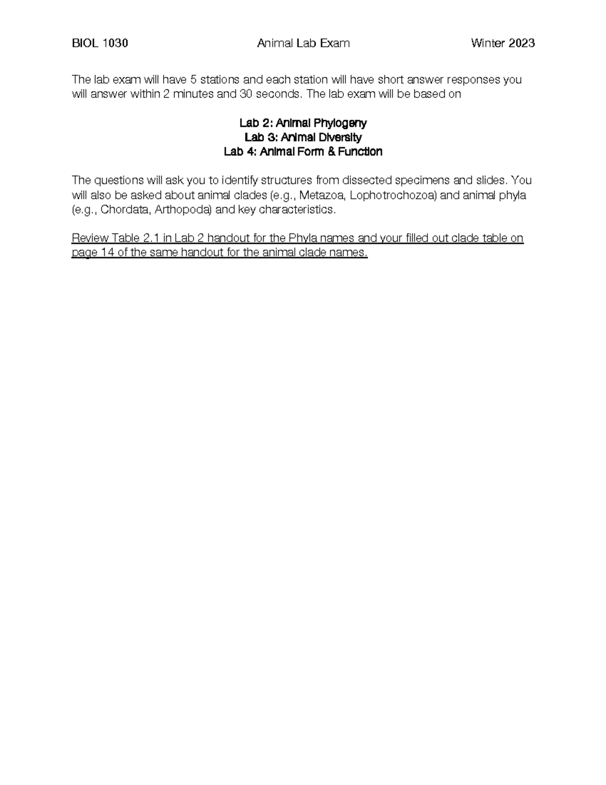 Animal Lab Exam Study Checklist - The lab exam will have 5 stations and ...