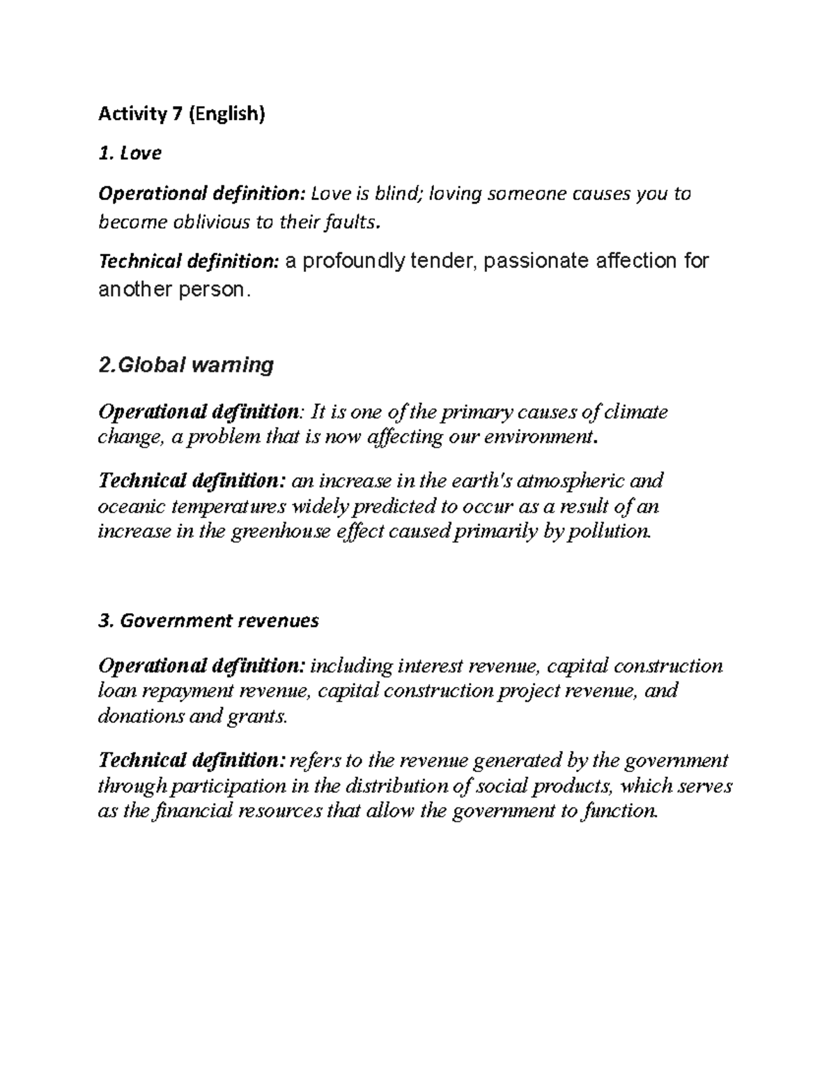 Activity 2 - Activity 7 (English) Love Operational definition: Love is ...