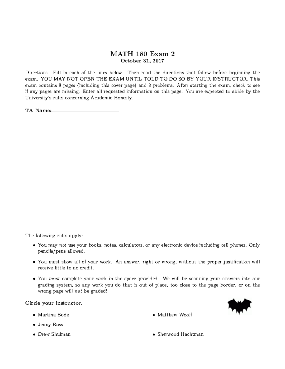 Math180 second fall2017 - MATH 180 Exam 2 October 31, 2017 Directions ...