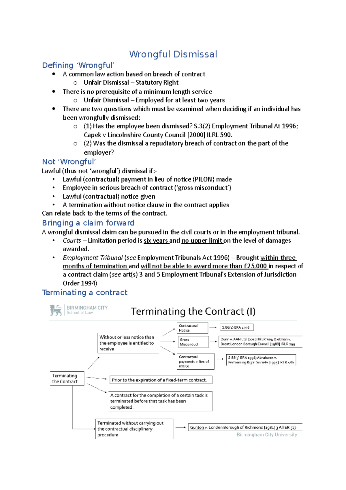 Wrongful Dismissal - Lecture 6 Notes - Wrongful Dismissal Defining ...