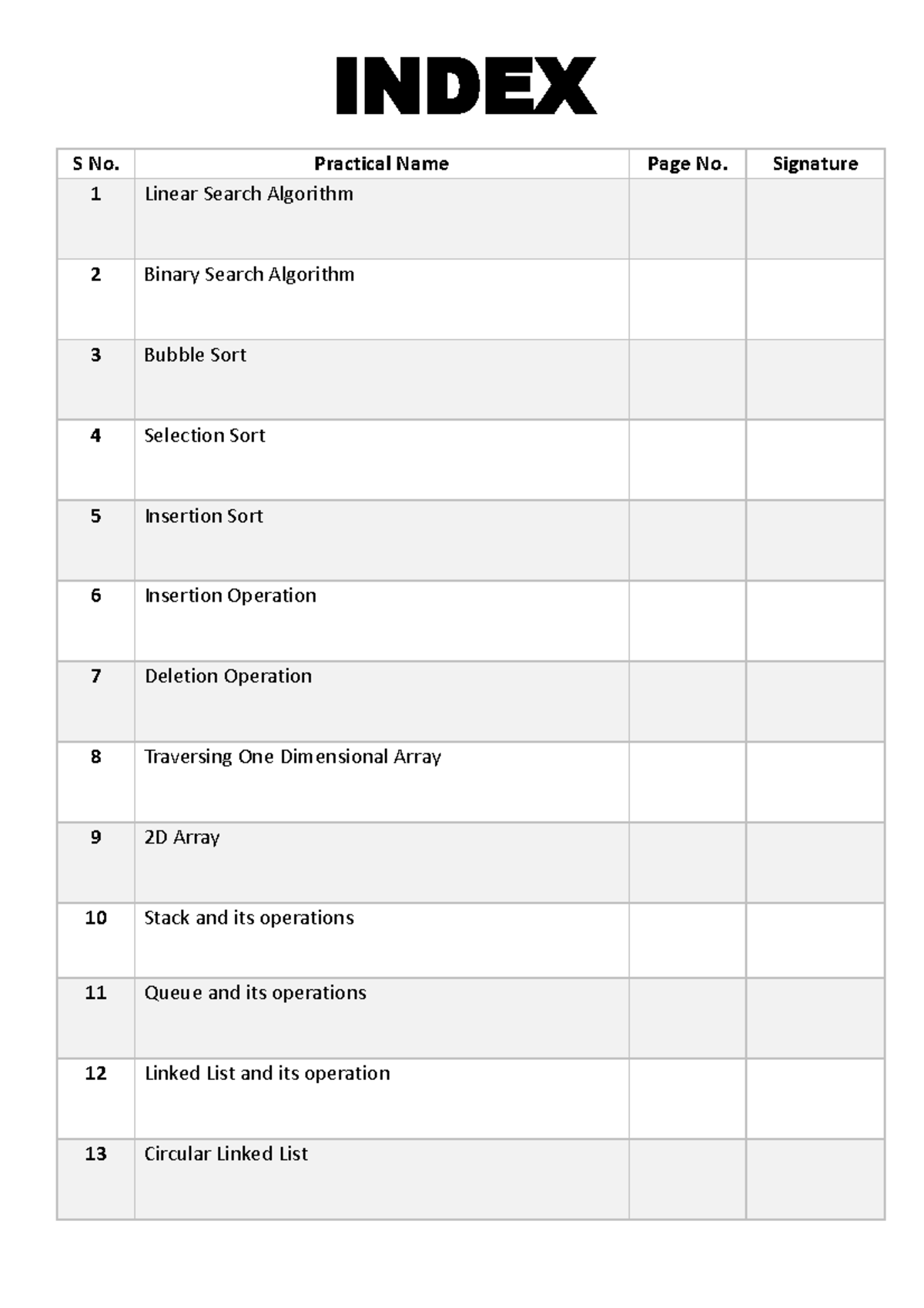 Data Structure file - I'm you - INDEX S No. Practical Name Page No. Signature 1 Linear Search ...
