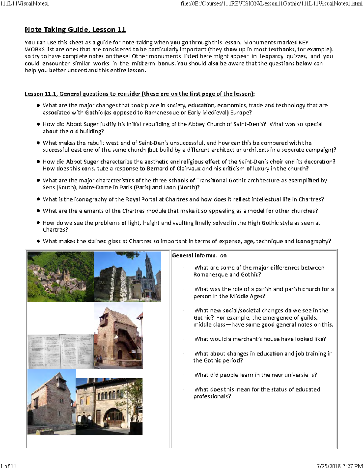 Lesson 11 - Complete notes on the specific art pieces needed ...