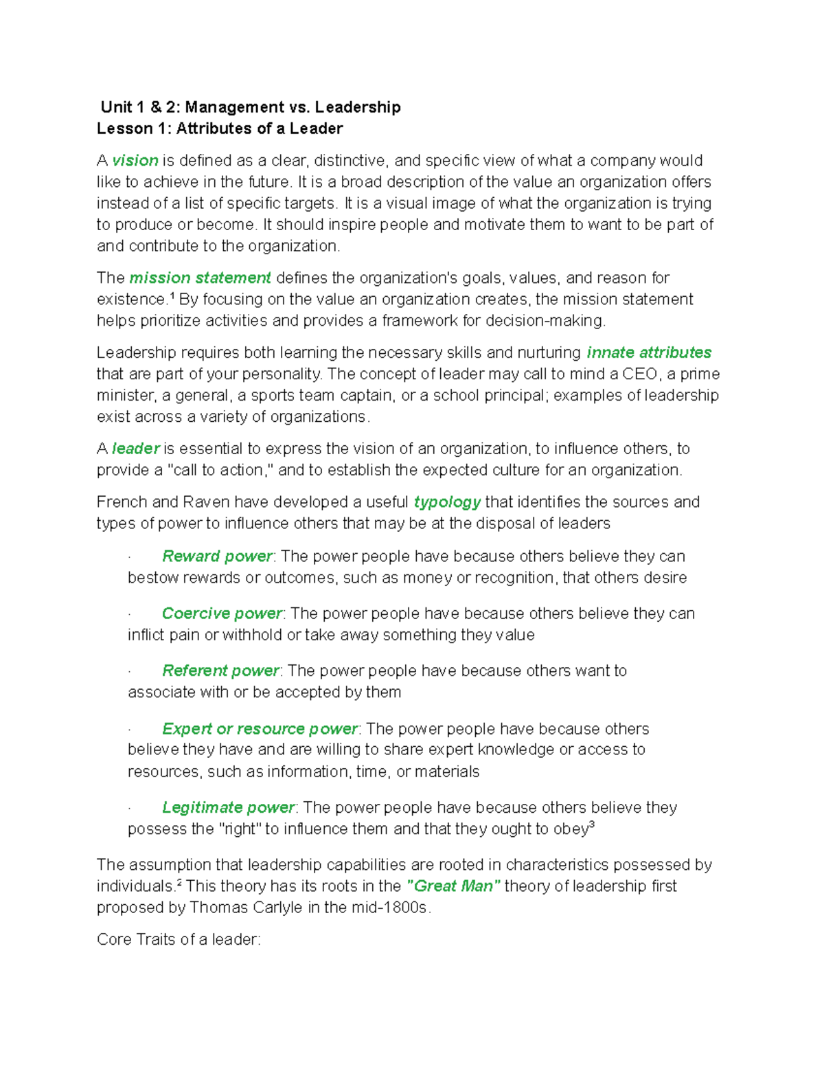 Lesson Terms and Summaries D073 - Unit 1 & 2: Management vs. Leadership ...