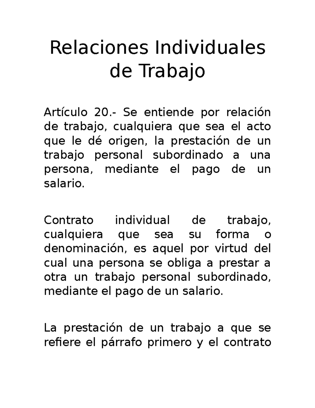 Relaciones Individuales de Trabajo - Relaciones Individuales de Trabajo Artículo 20.- Se ...