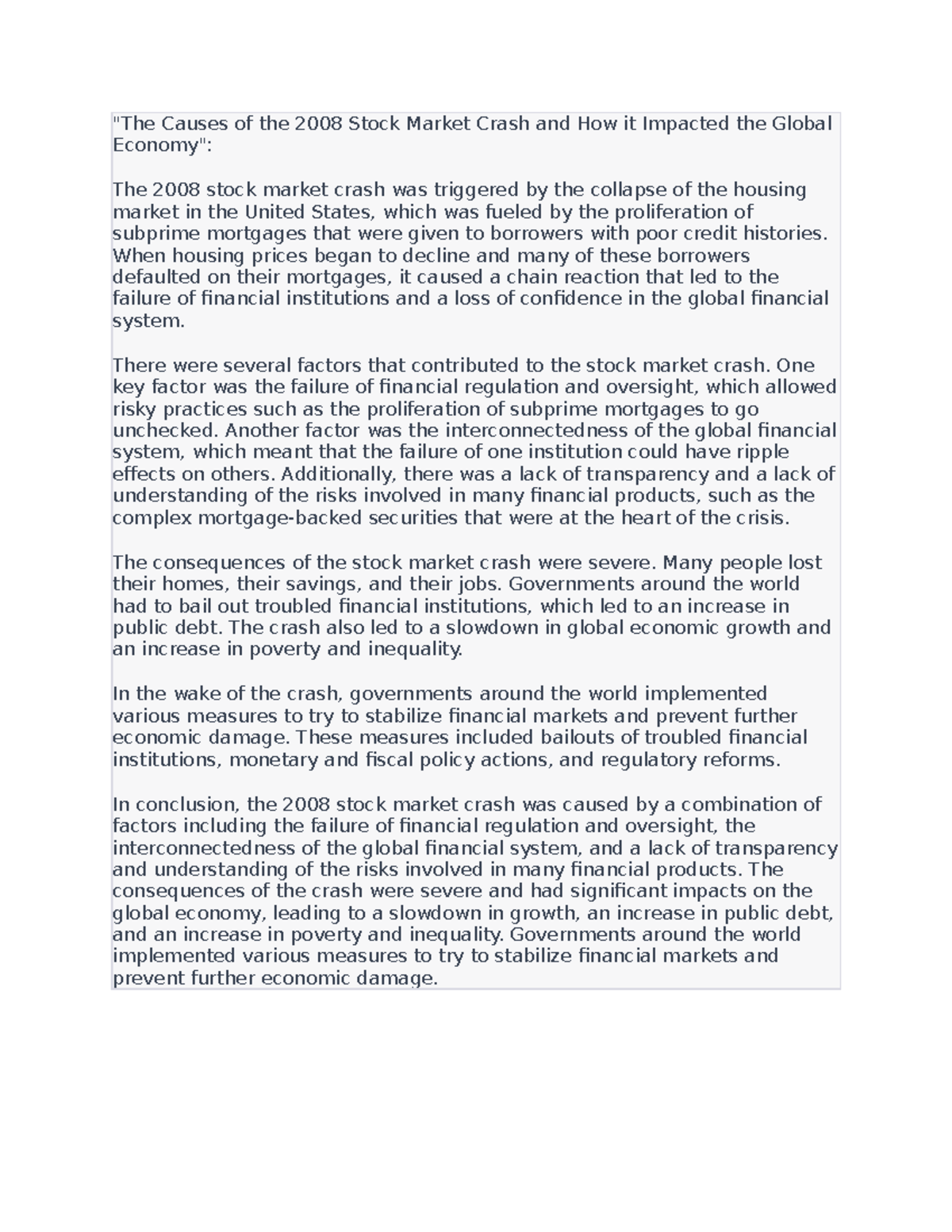 The Causes of the 2008 Stock Market Crash and How it Impacted the ...