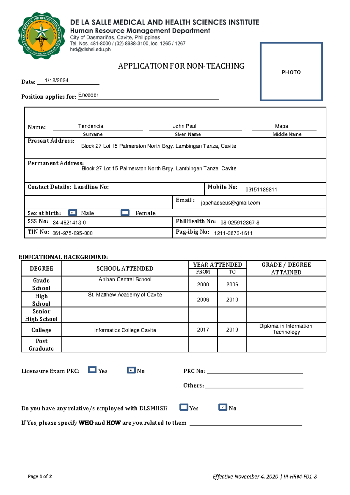 Fillable (III-HRM-F01-8) Application for Non-teaching 7 - Page 1 of 2 ...