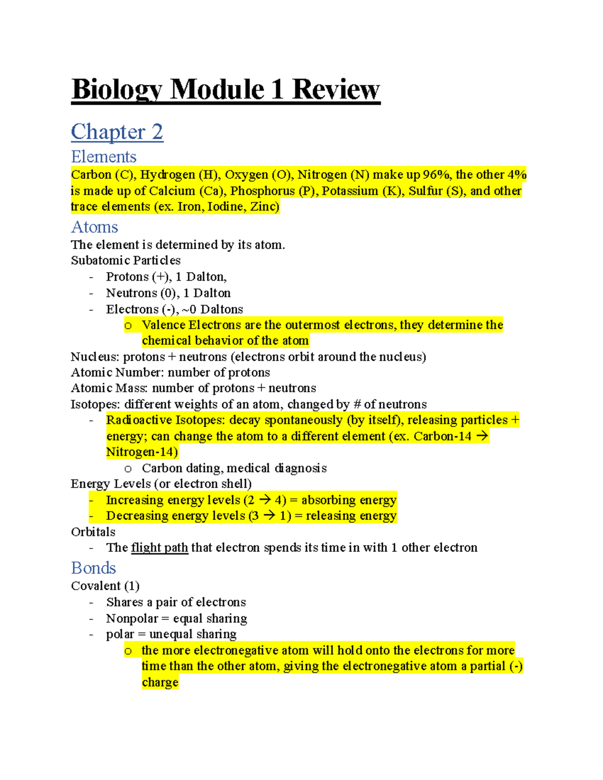 Bio 1 Module 1 Review - Biology Module 1 Review Chapter 2 Elements ...