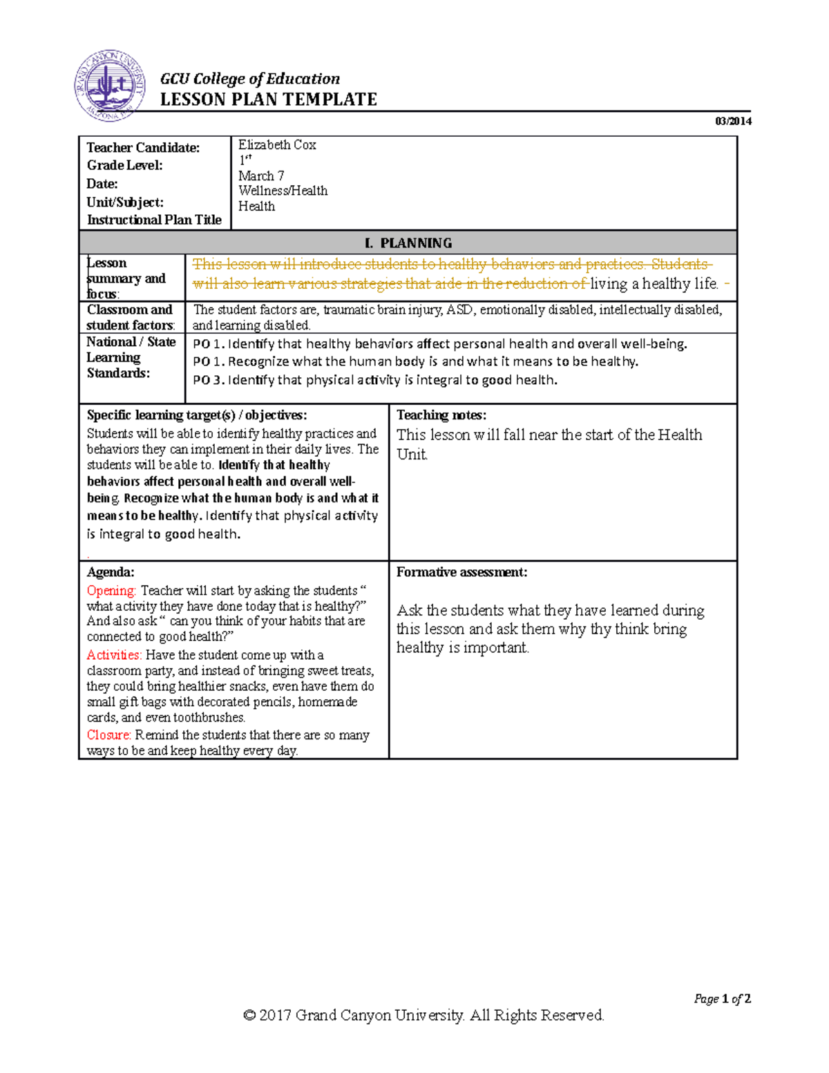 ECS-235 Wellness Lesson Plan - GCU College of Education LESSON PLAN ...