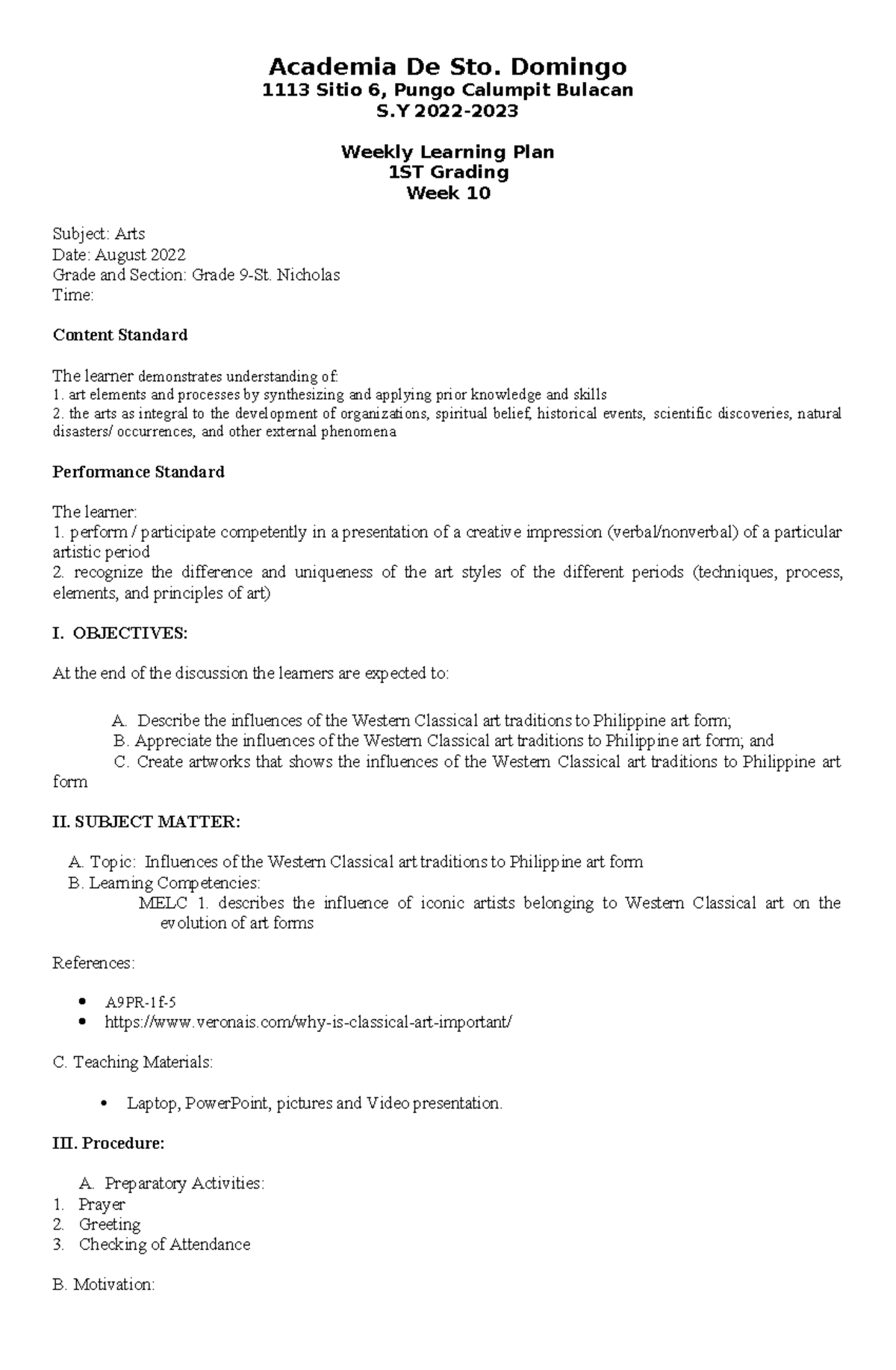 Arts 9-Q1 W10 - Lesson plan in ARTS - Academia De Sto. Domingo 1113 ...