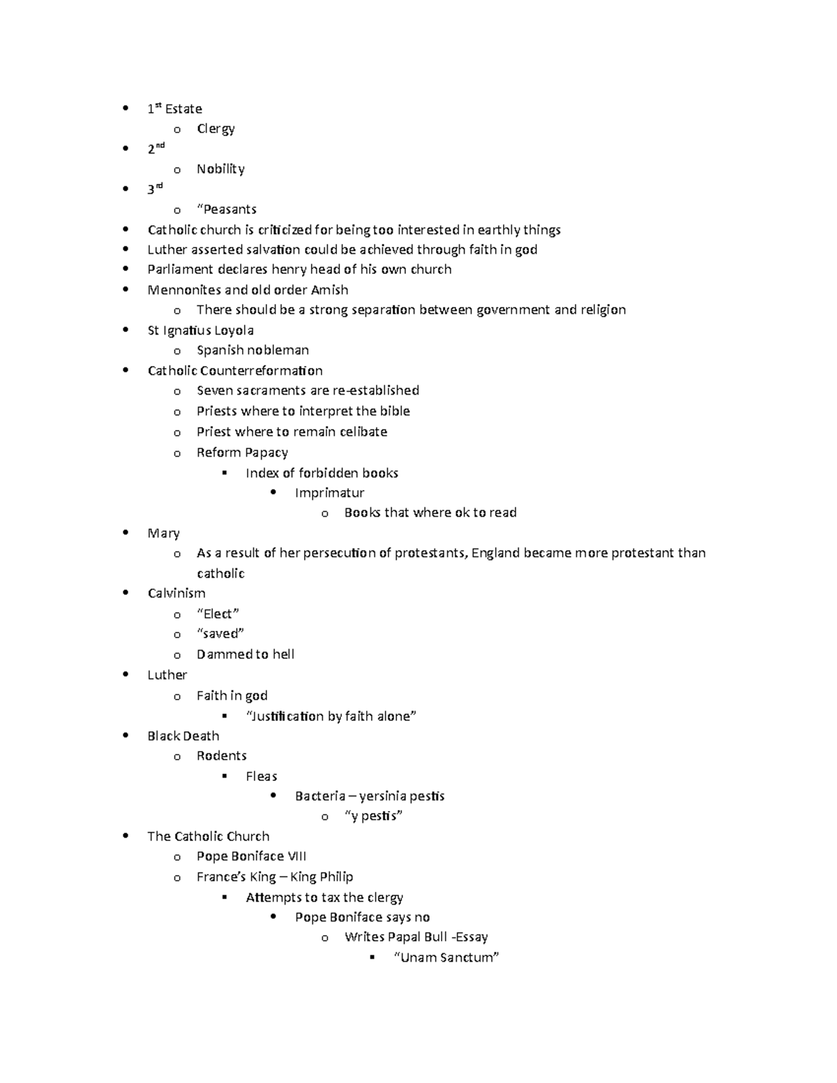 Exam Review Notes - Professor. Guertin - 1 st Estate o Clergy 2 nd o ...