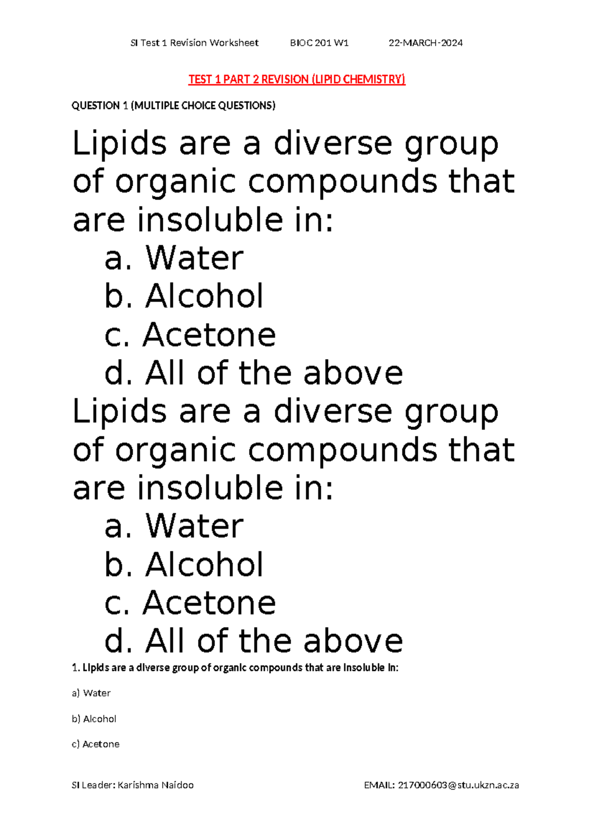 TEST 1 Revision PART 2 Lipids Karishma - TEST 1 PART 2 REVISION (LIPID ...