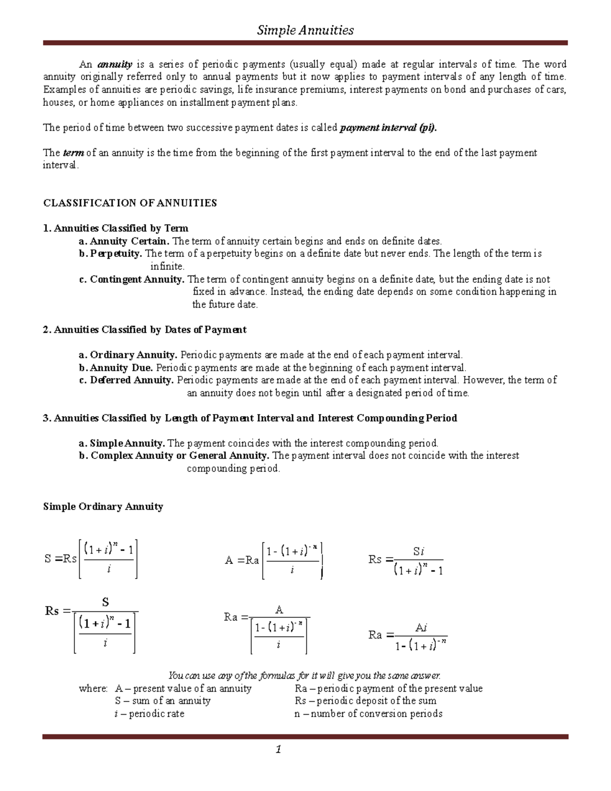 Simple annuities - Lecture notes 1 - An annuity is a series of periodic ...