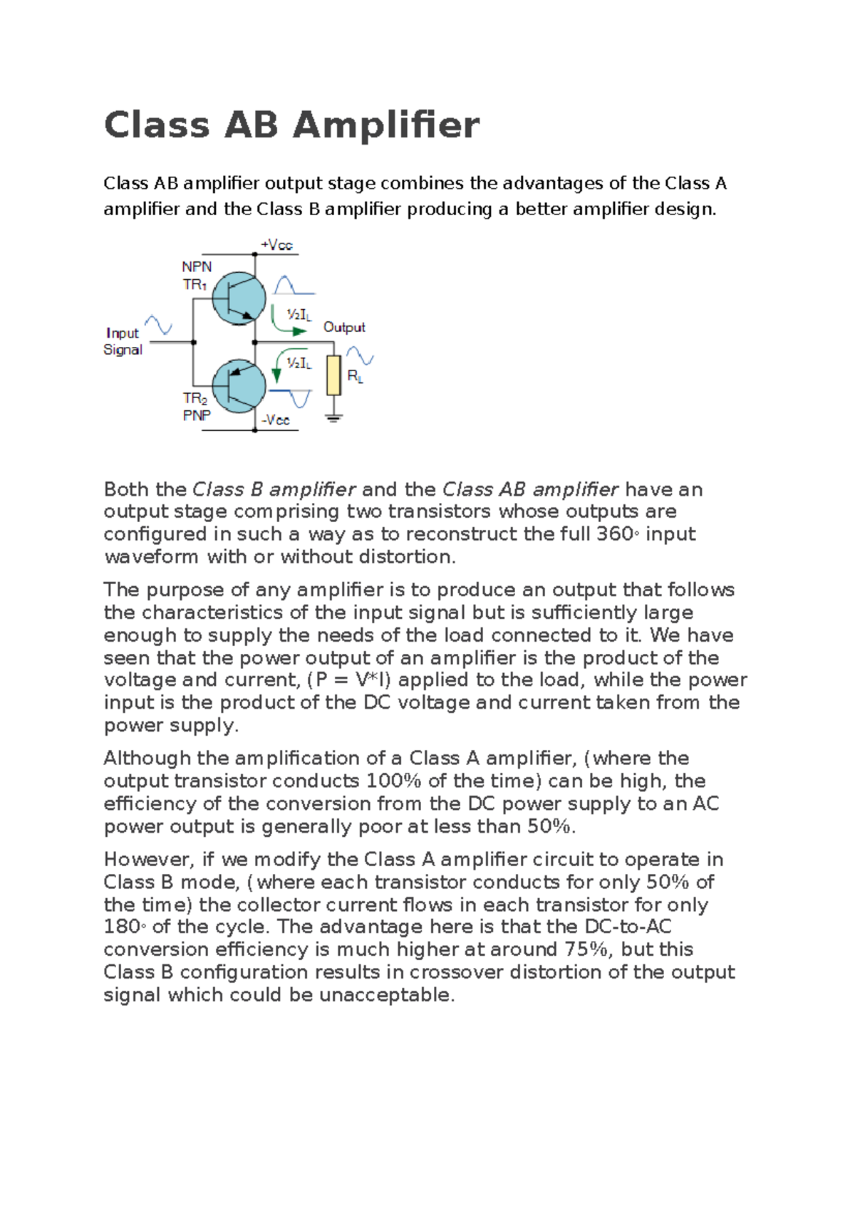 Class AB Amplifiers - Summary Electrical Engineering- Industrial ...
