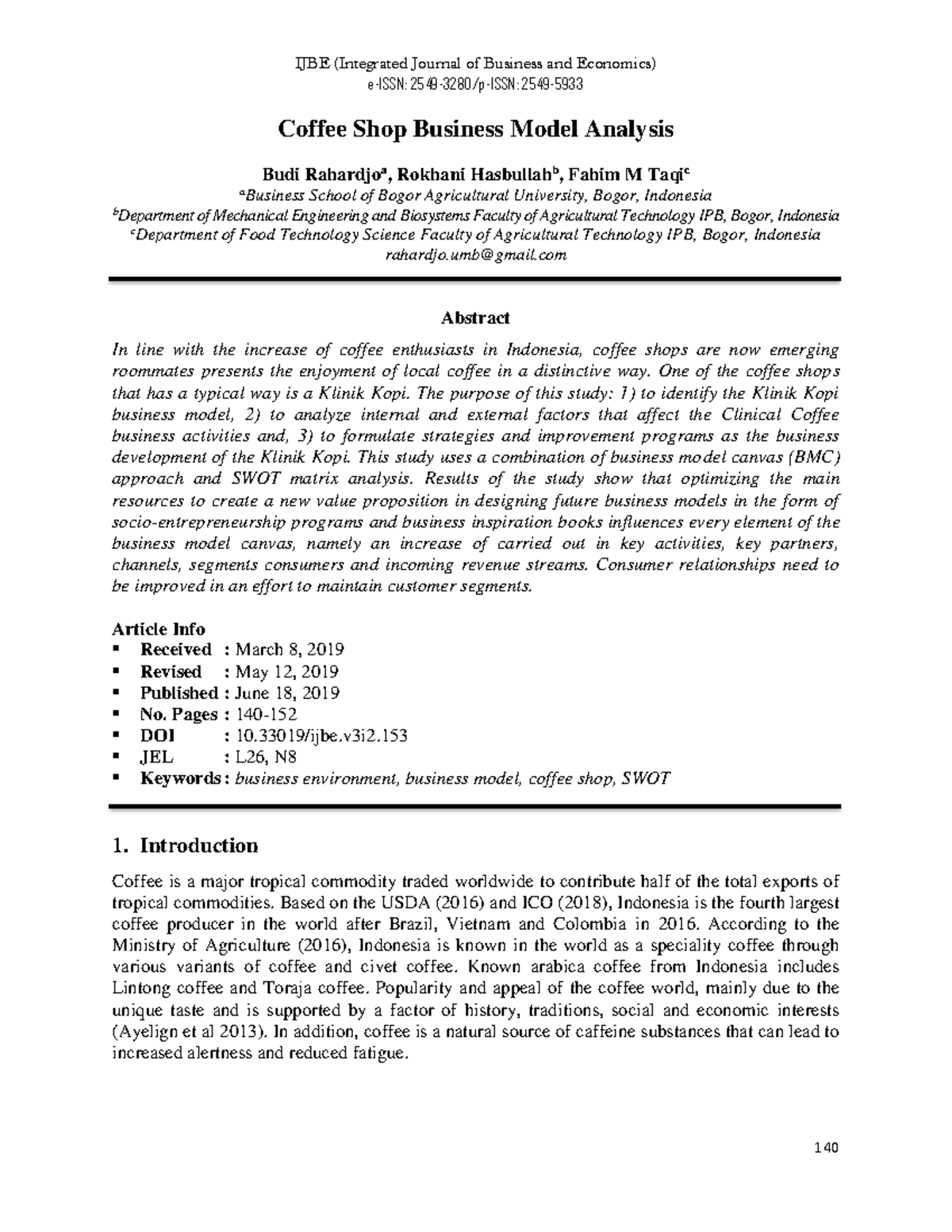 Coffee Shop Business Model Analysis E ISSN 2549 3280 p ISSN 2549