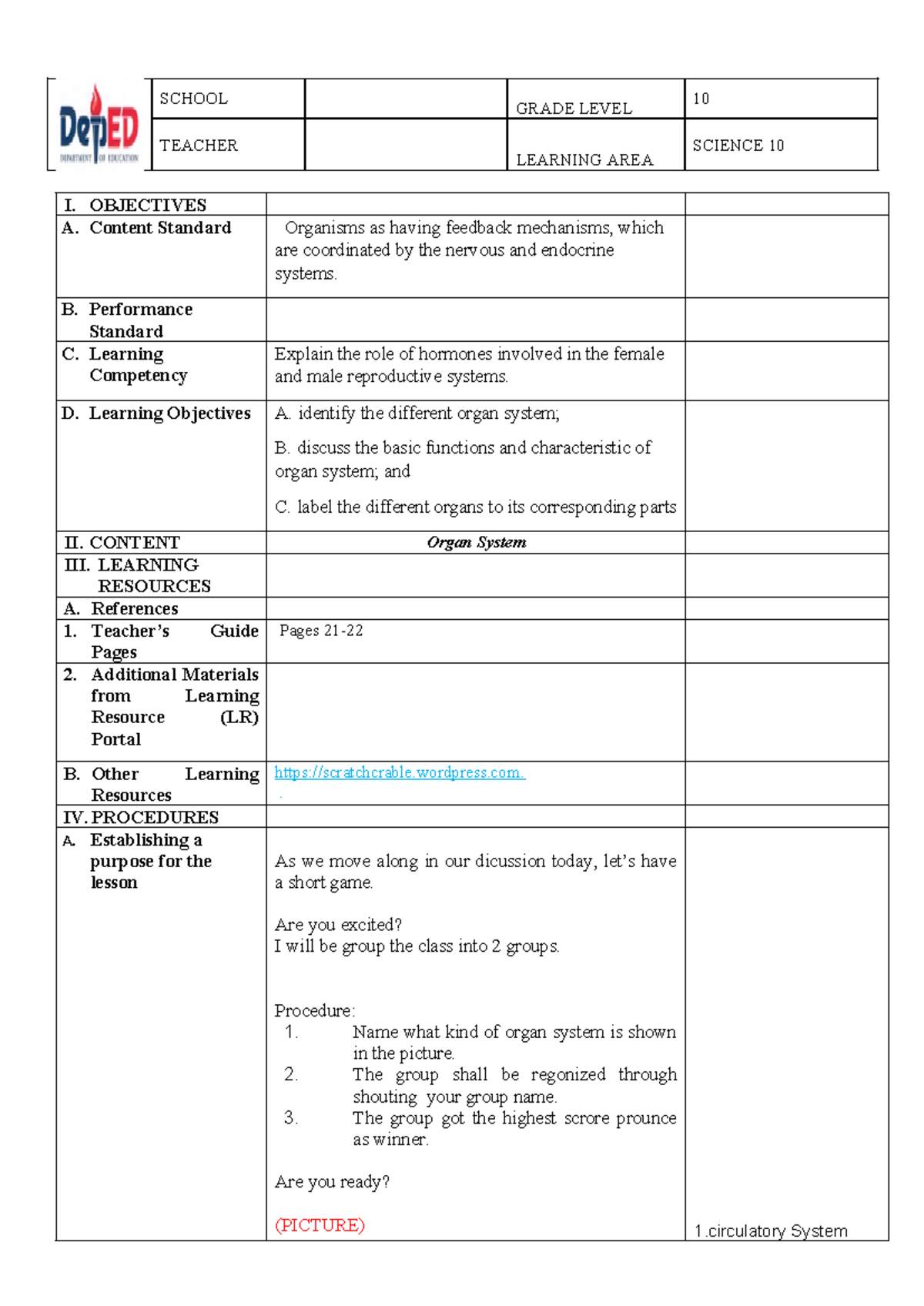 Organ-System-Repaired - DAILY LESSON PLAN SCHOOL GRADE LEVEL 10 TEACHER ...