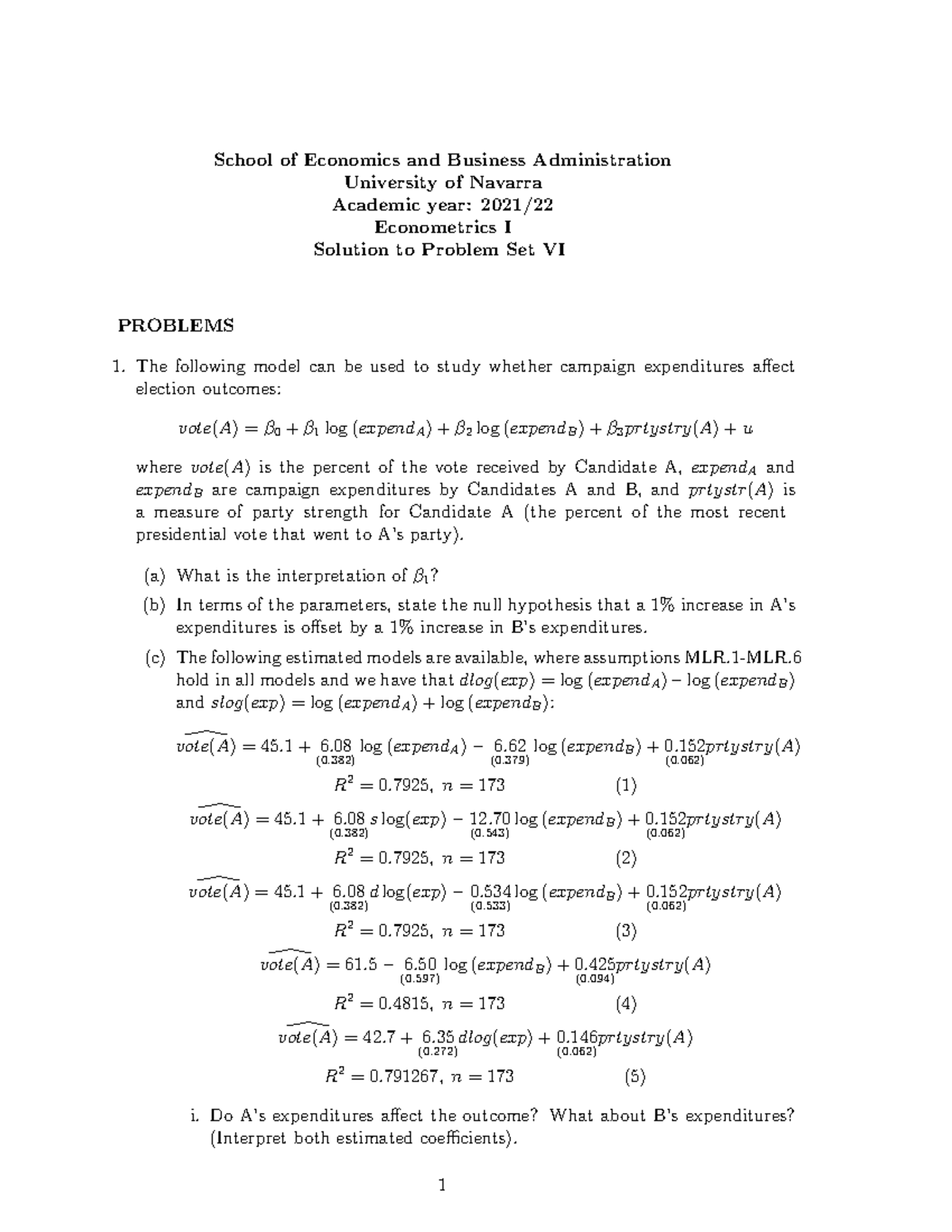 Problem Set 6 Solutions School Of Economics And Business