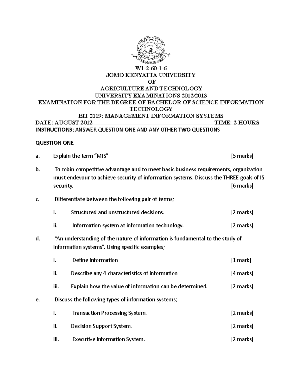 BIT 2119 - Management Information Systems - August 2012 - W1-2-60-1 ...
