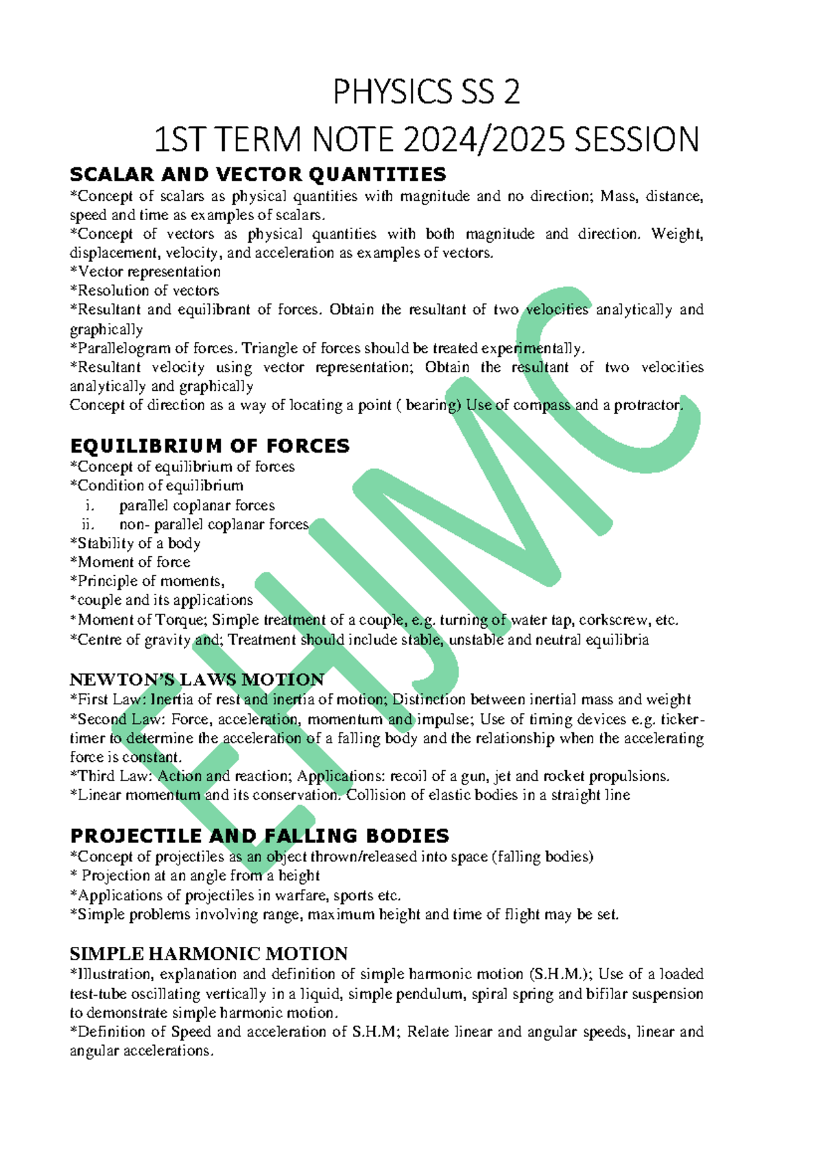 Physics SS2 First TERM 2024 2025 - PHYSICS SS 2 1ST TERM NOTE 2024/2025 ...