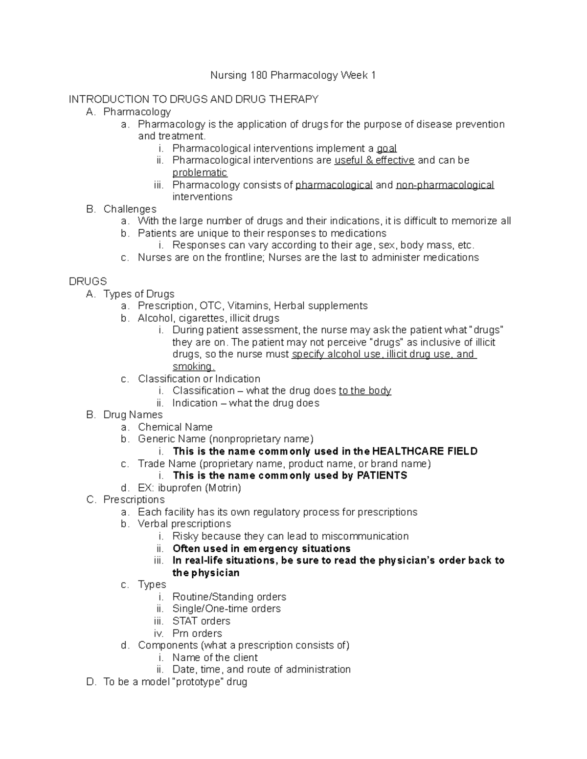 Week 1 - good practice - Nursing 180 Pharmacology Week 1 INTRODUCTION ...
