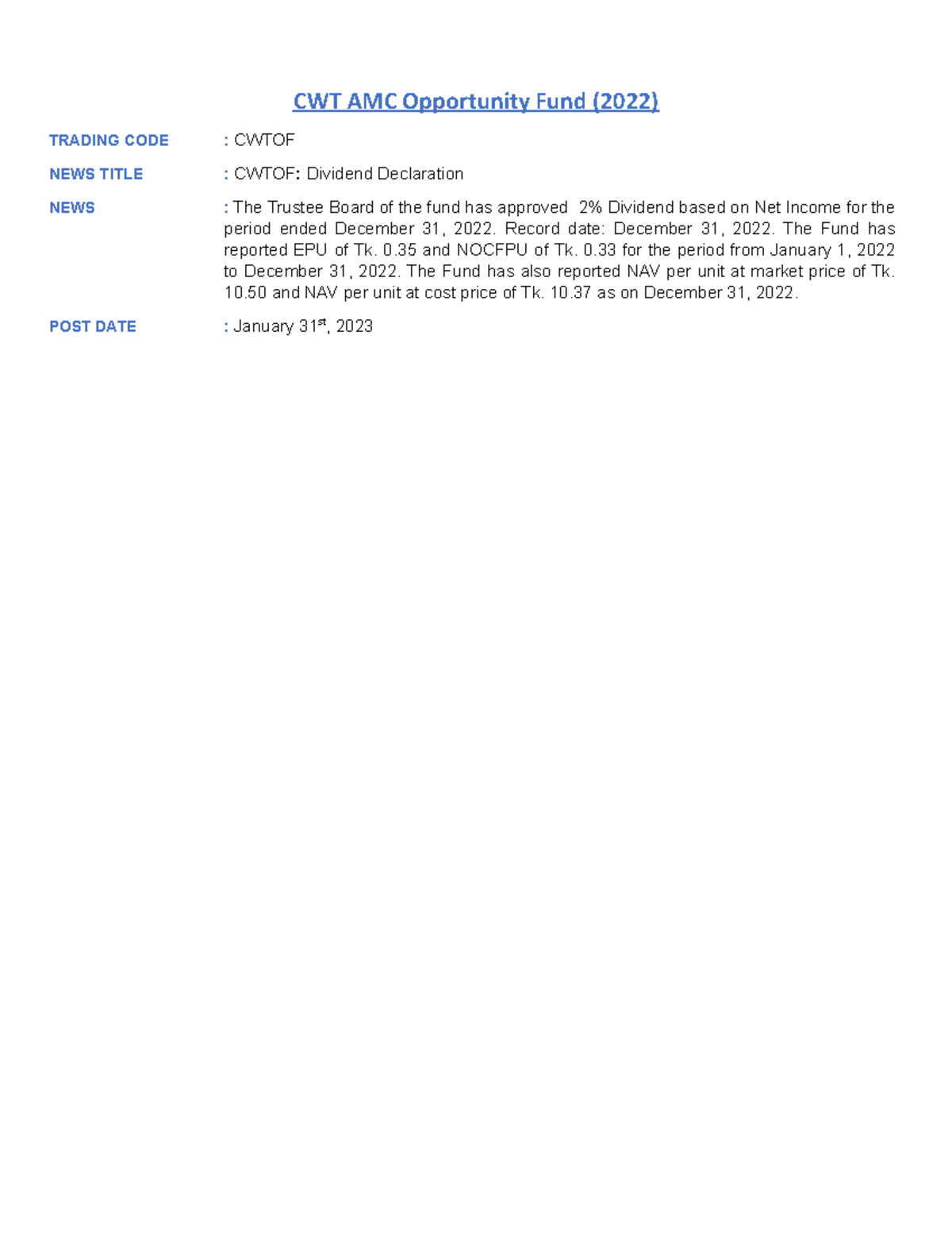 Dividend Declaretion of CWT Oppurtuinity Fund - CWT AMC Opportunity ...