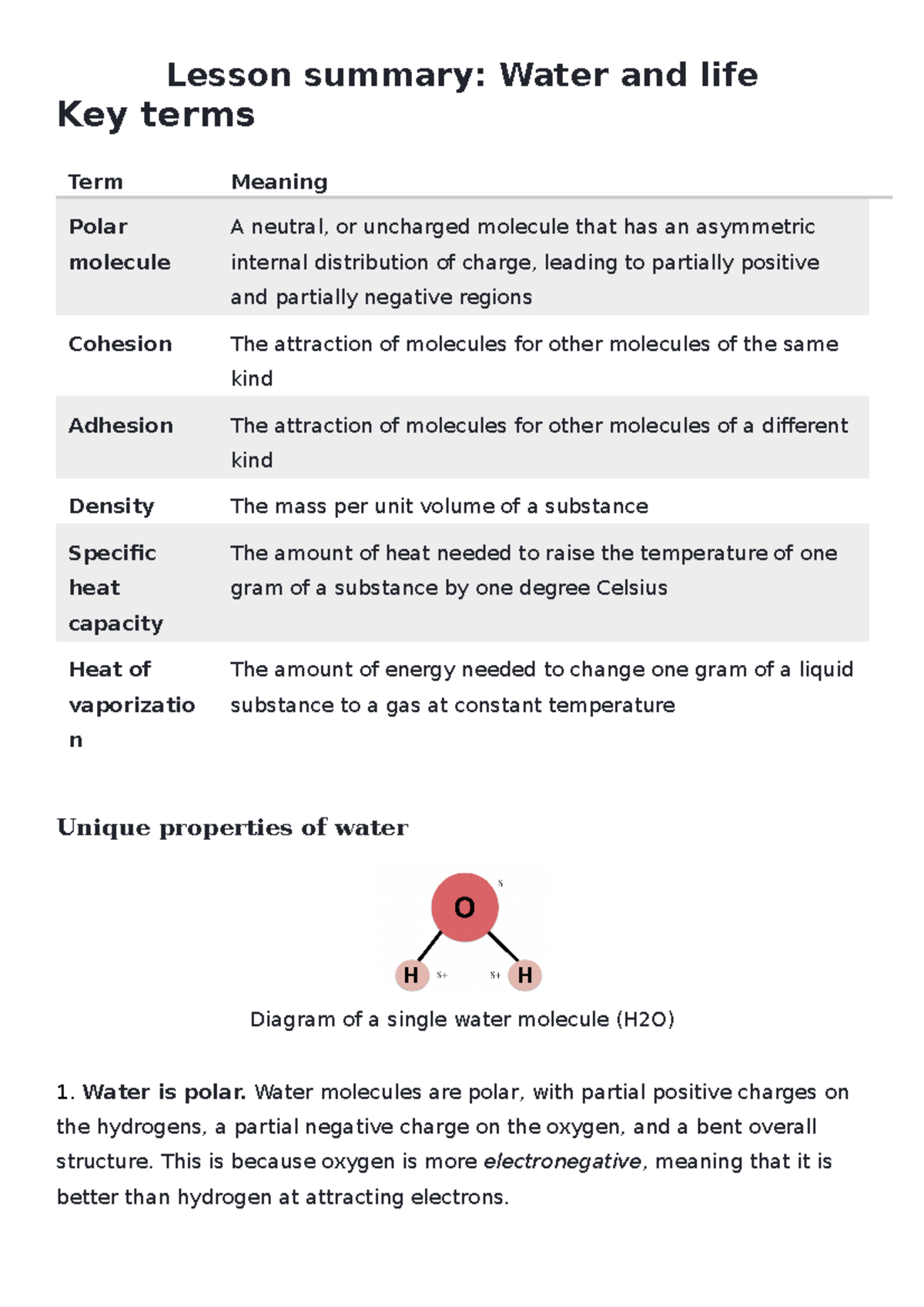 Lesson 4- water structure and properties - Lesson summary: Water and ...