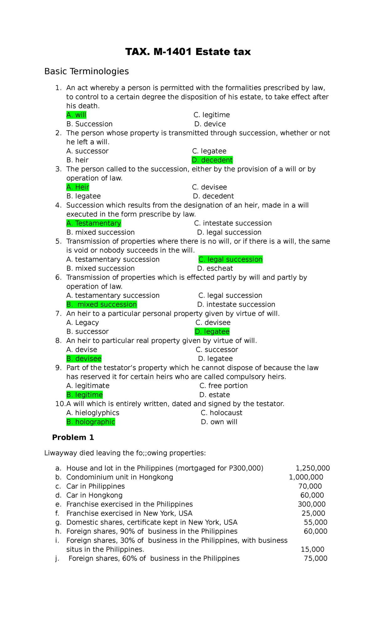 TAX M 1401 Estate tax Basic Terminologies - TAX. M-1401 Estate tax ...