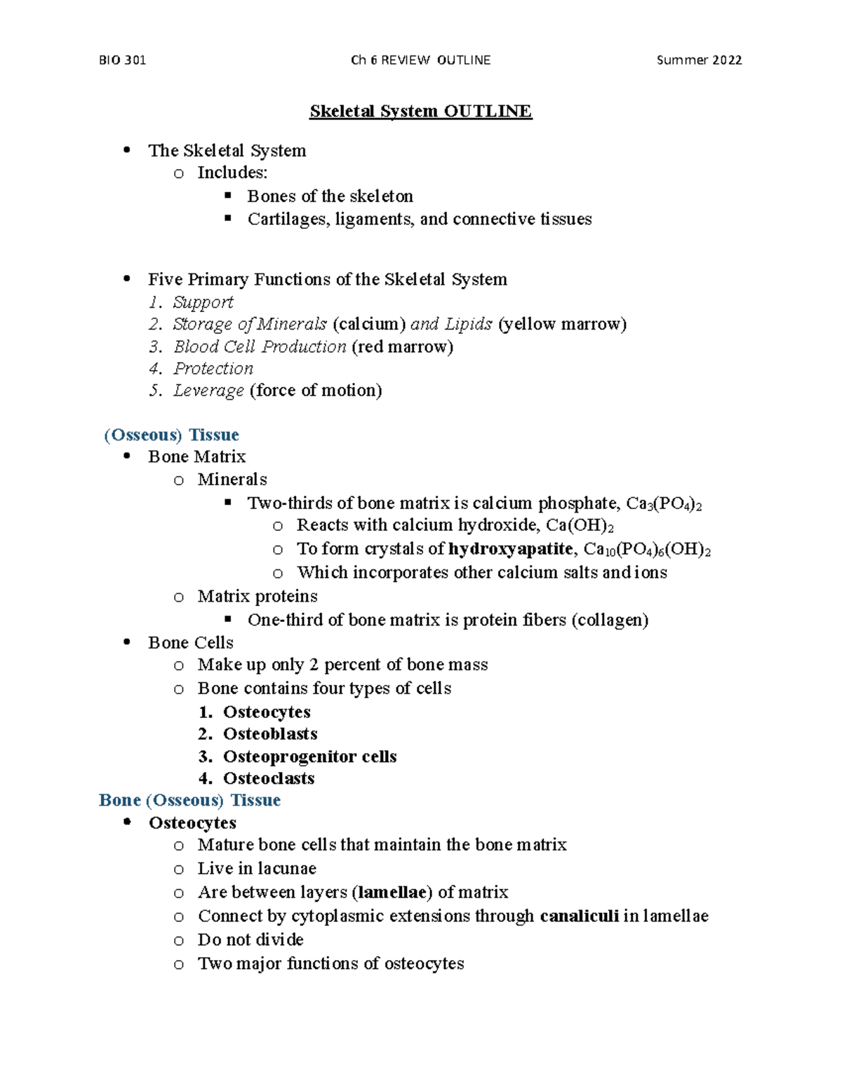 Skeletal System Review Outline - Skeletal System OUTLINE The Skeletal ...
