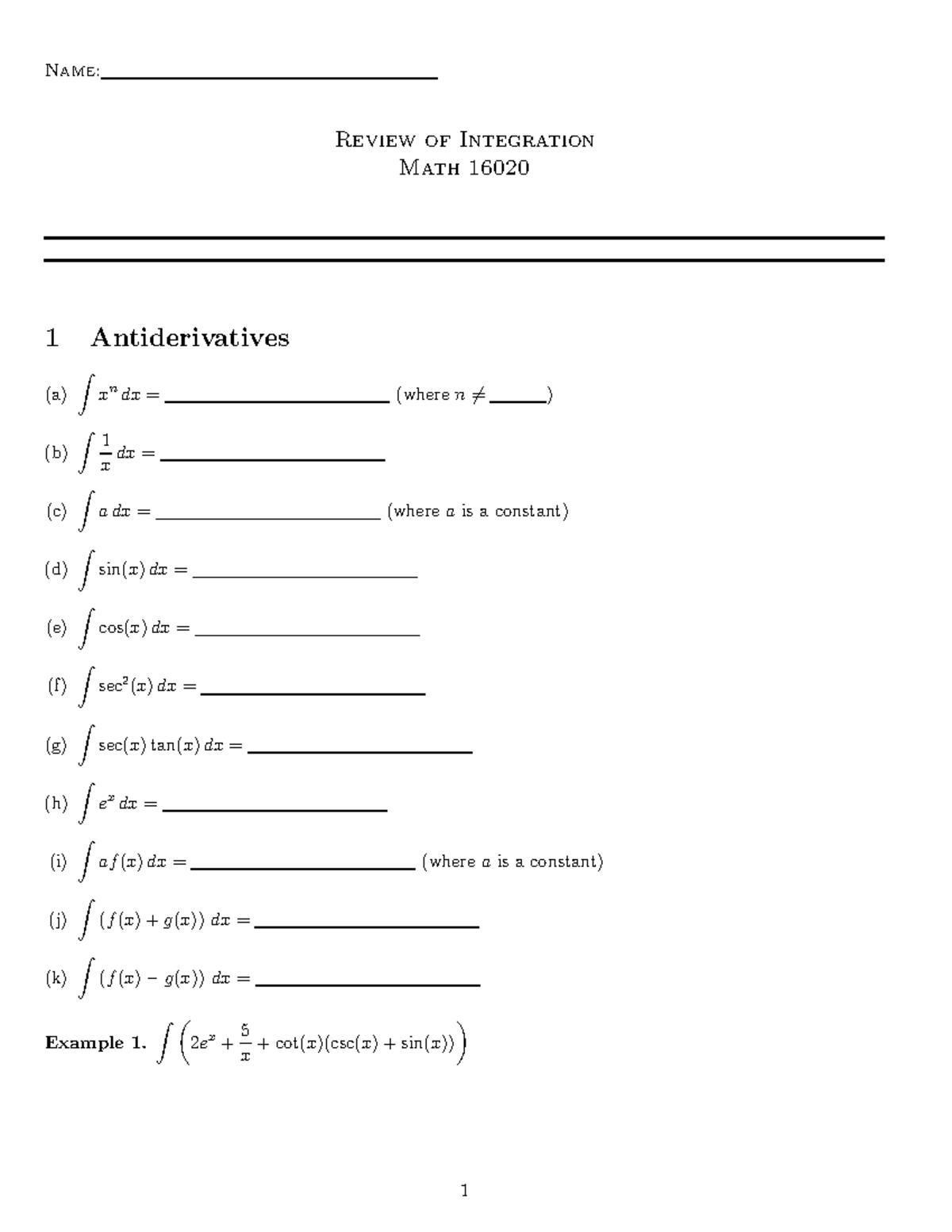 Lesson 2 - Antiderivative review from AP Calc - Name: Review of ...