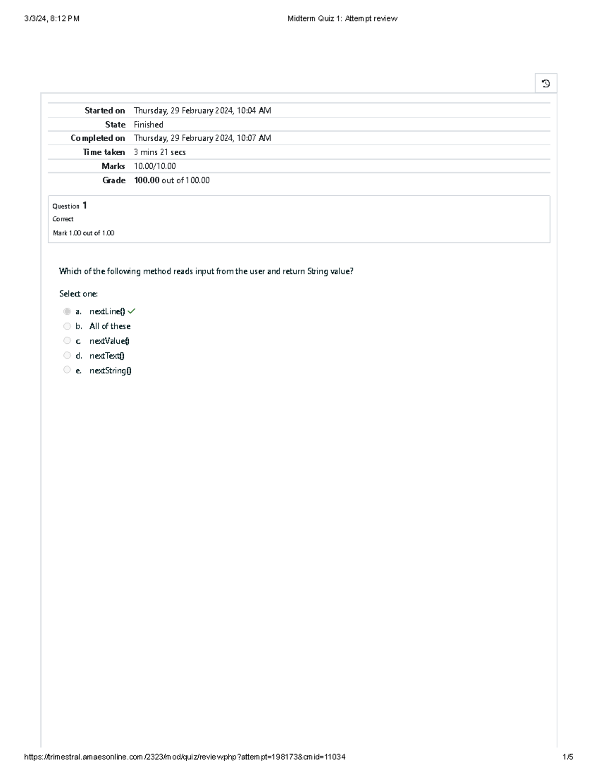Midterm Quiz 1 Attempt review - Started on Thursday, 29 February 2024 ...
