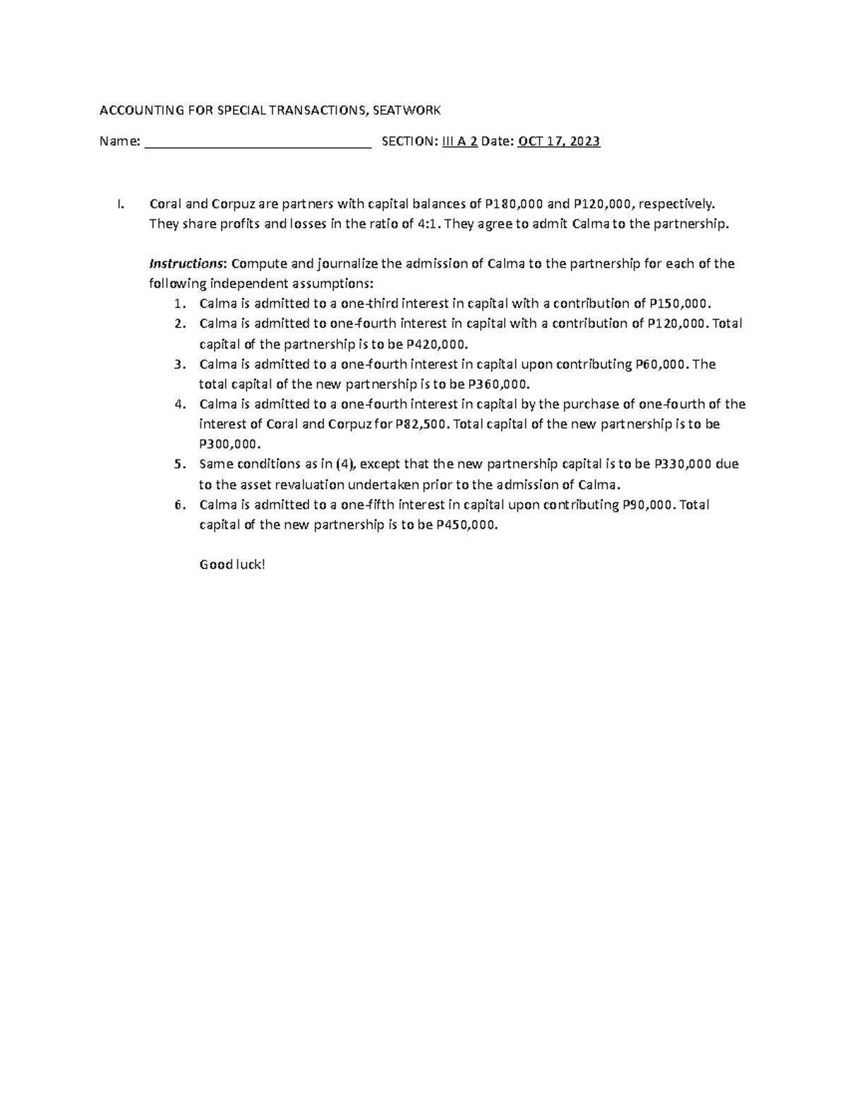 SW Partnership dissolution - ACCOUNTING FOR SPECIAL TRANSACTIONS ...