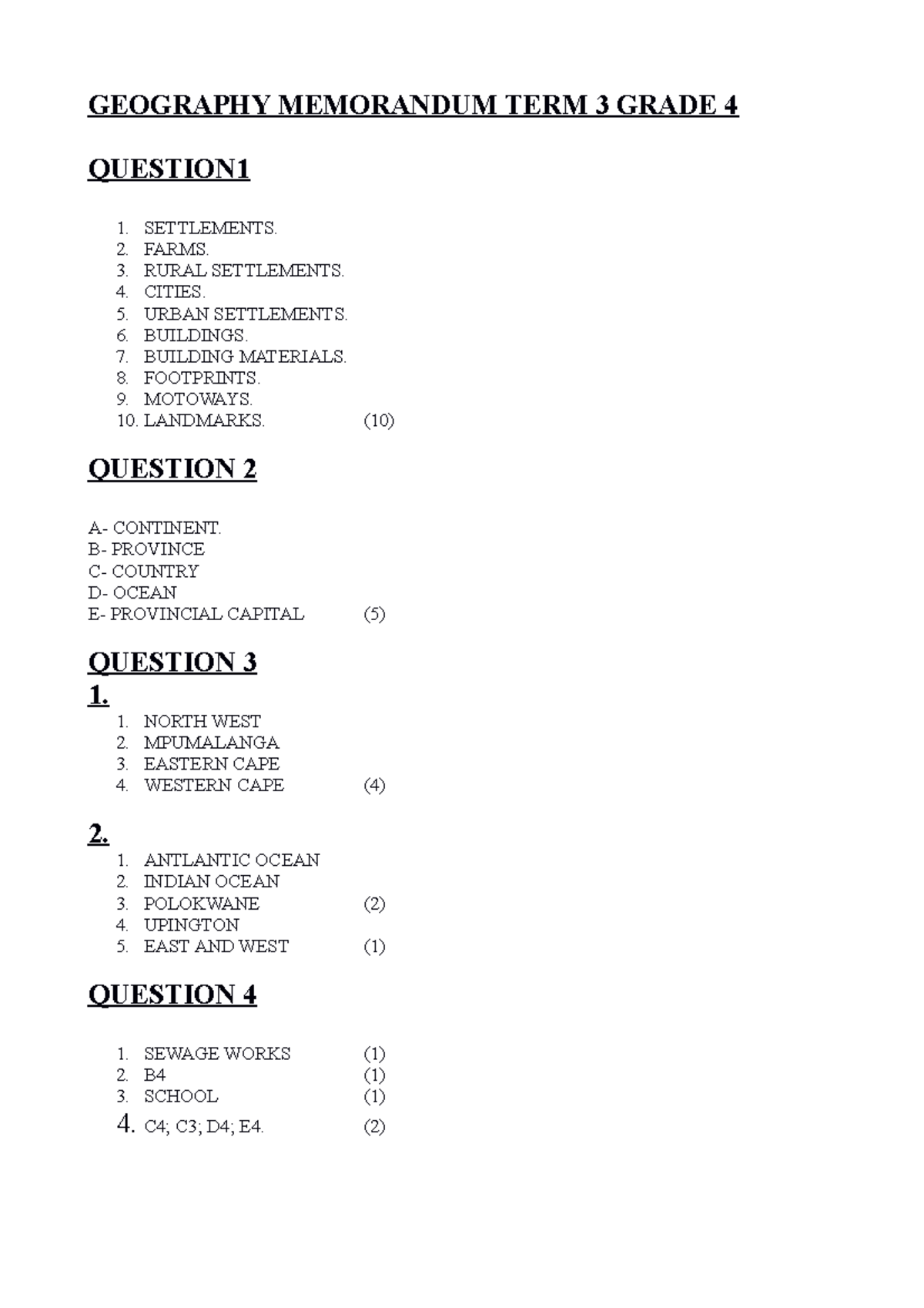 Project SS - social science - GEOGRAPHY MEMORANDUM TERM 3 GRADE 4 ...