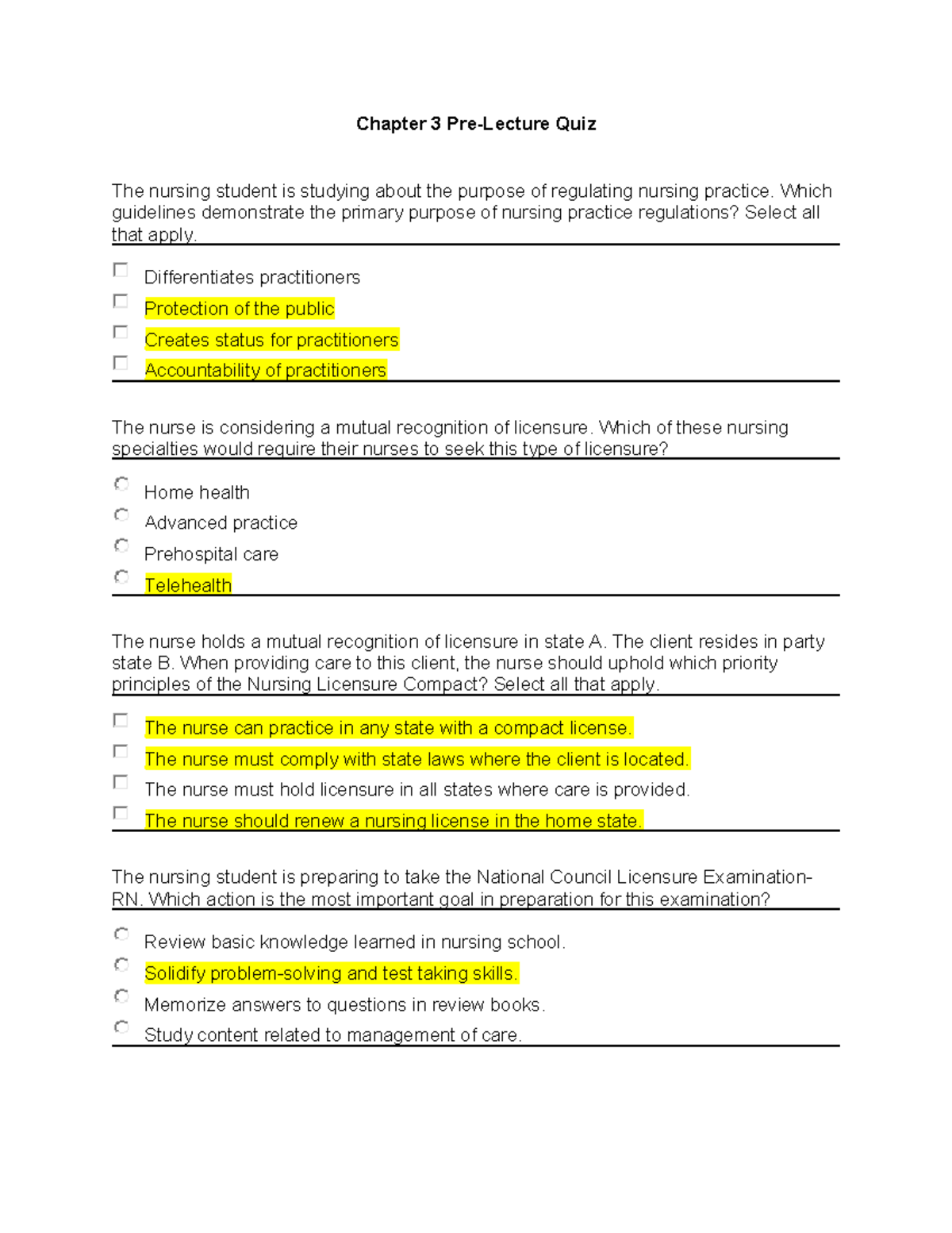 Chapter 3 Pre lecture quiz - Chapter 3 Pre-Lecture Quiz The nursing ...